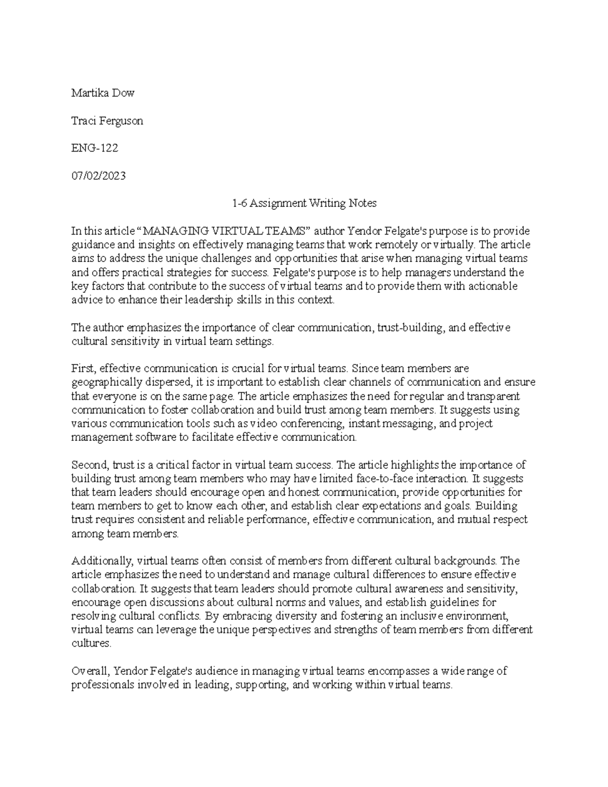 1-6 writing notes - Martika Dow Traci Ferguson ENG- 07/02/ 1-6 ...