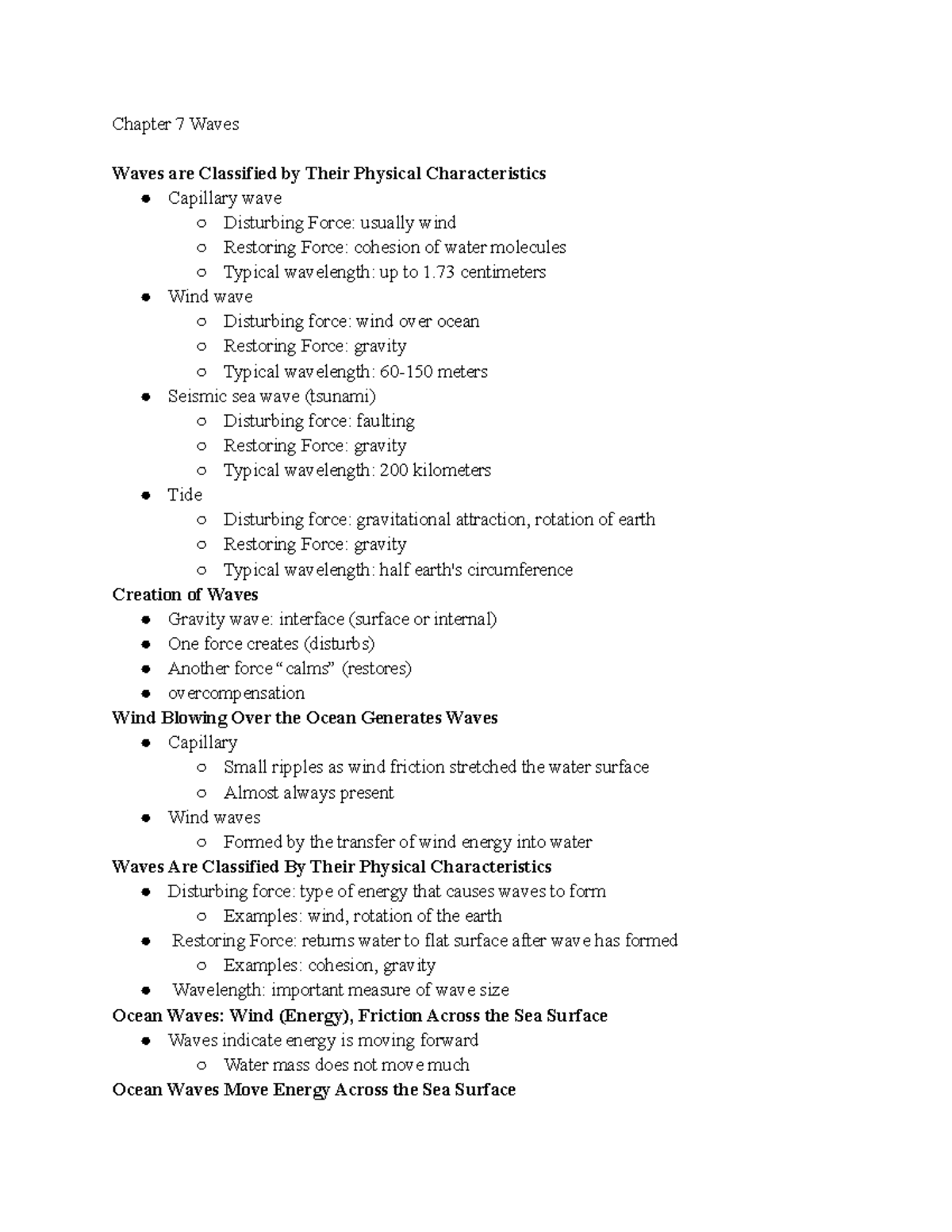 Oceanography Exam 3 - Chapter 7 Waves Waves are Classified by Their ...
