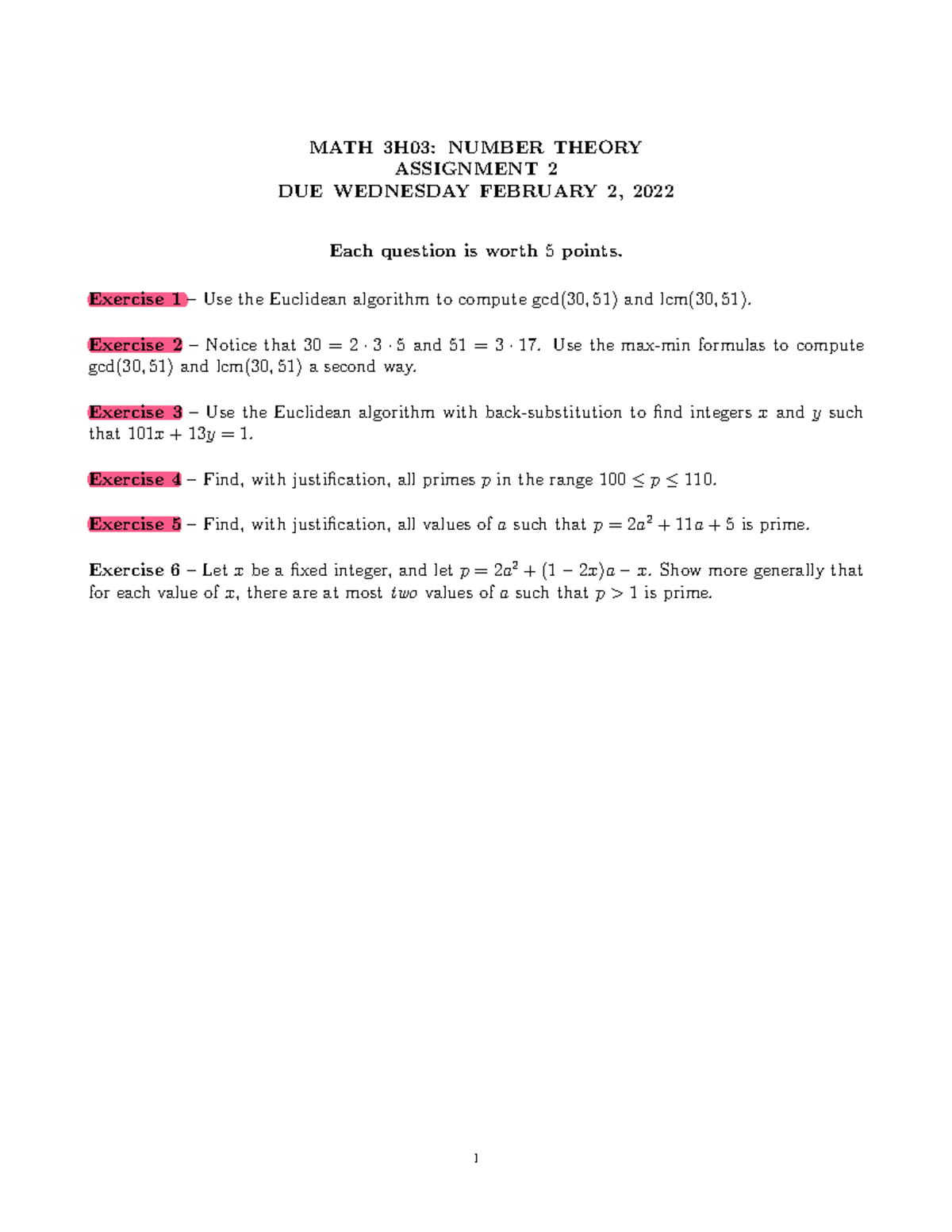 Math3h03-Assignment Number two - MATH 3H03: NUMBER THEORY ASSIGNMENT 2 ...