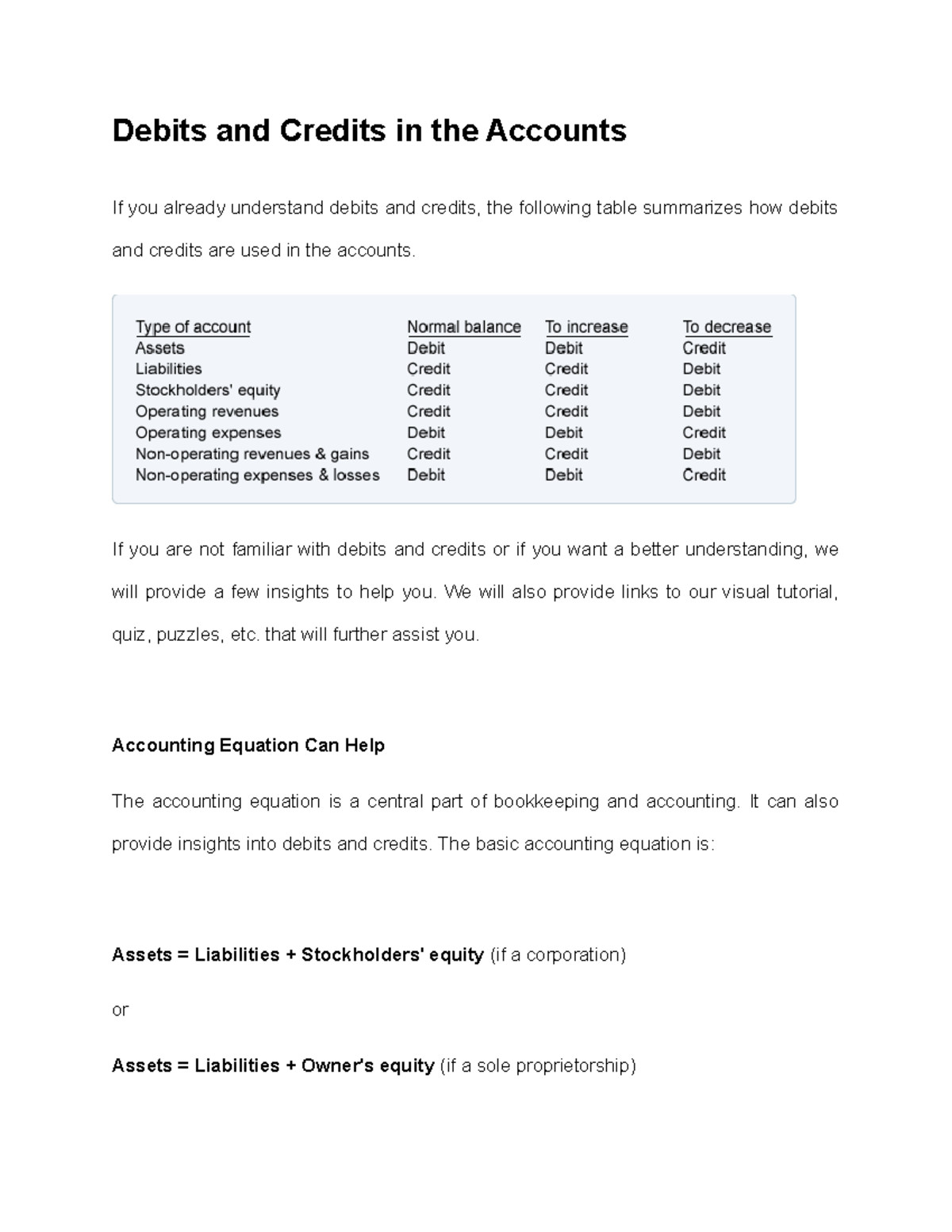 Debits and Credits in the Accounts - If you are not familiar with ...