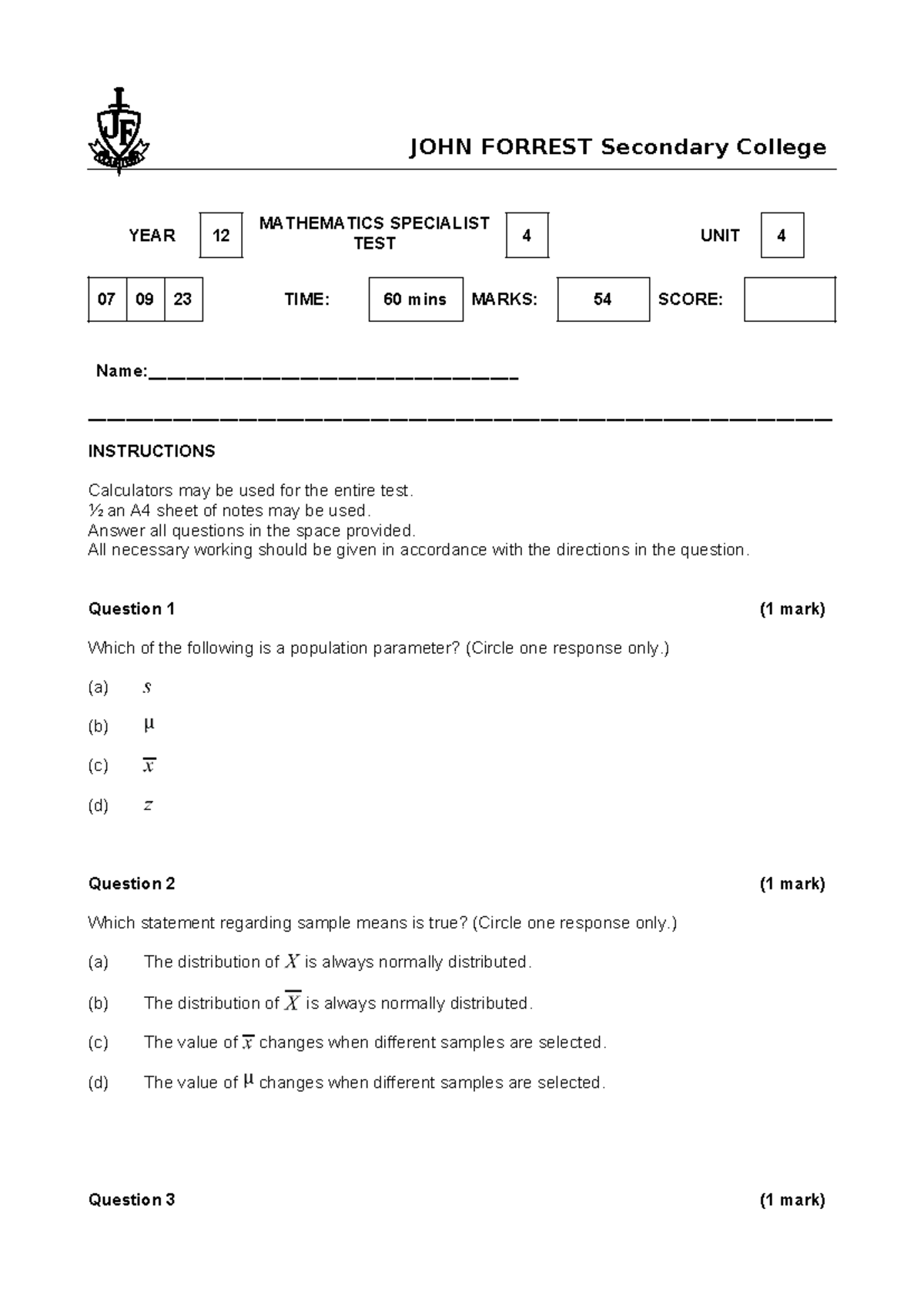 MAS Unit 4 Test 4 2023 - test - JOHN FORREST Secondary College YEAR 12 ...