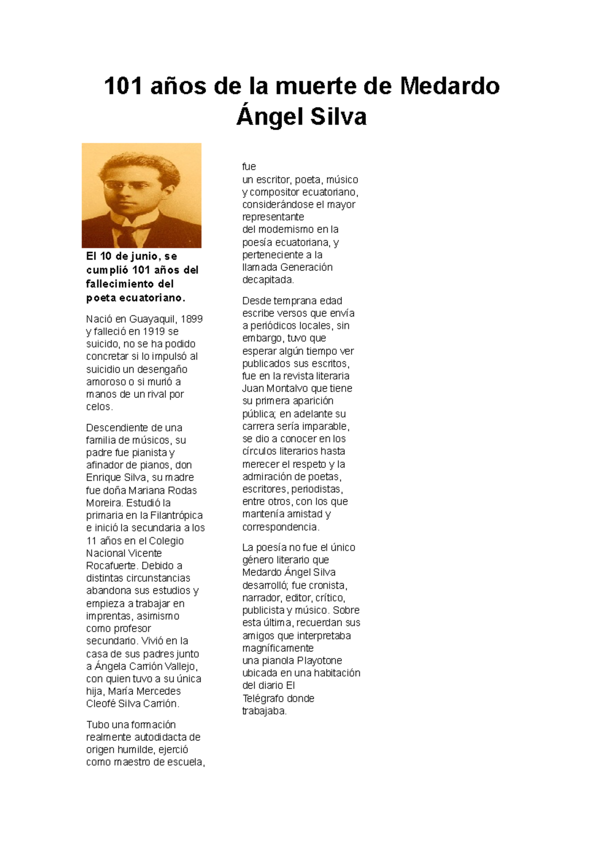 101 años de la muerte de Medardo Ángel Silva 1 - Nació en Guayaquil, 1899 y falleció en 1919 se ...