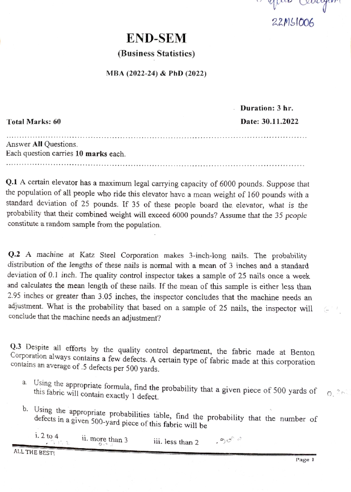 End Sem(PYQ MBA 1st sem) - Total Marks: 60 Answer All Questions. Each question carries 10 marks ...
