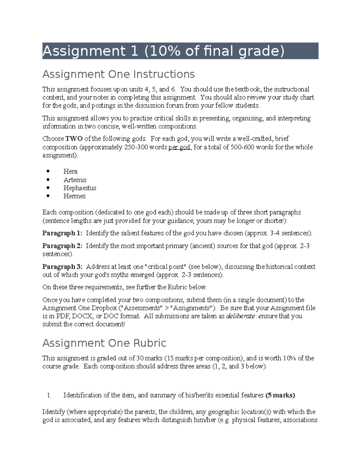 CLAS1520 D01 Assignment 1 Instructions Online - Assignment 1 (10% of ...