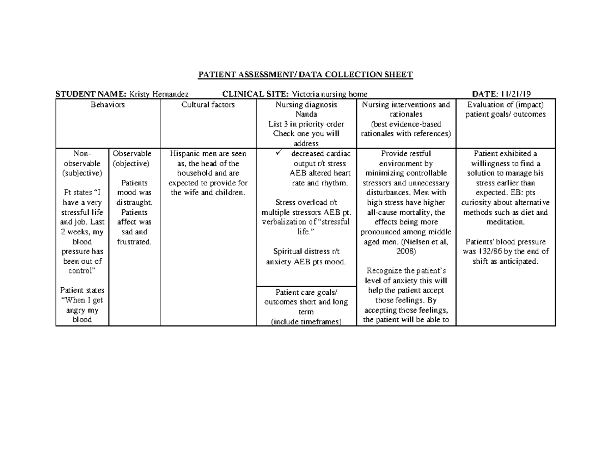Patient Assessment Careplan - PATIENT ASSESSMENT/ DATA COLLECTION SHEET ...