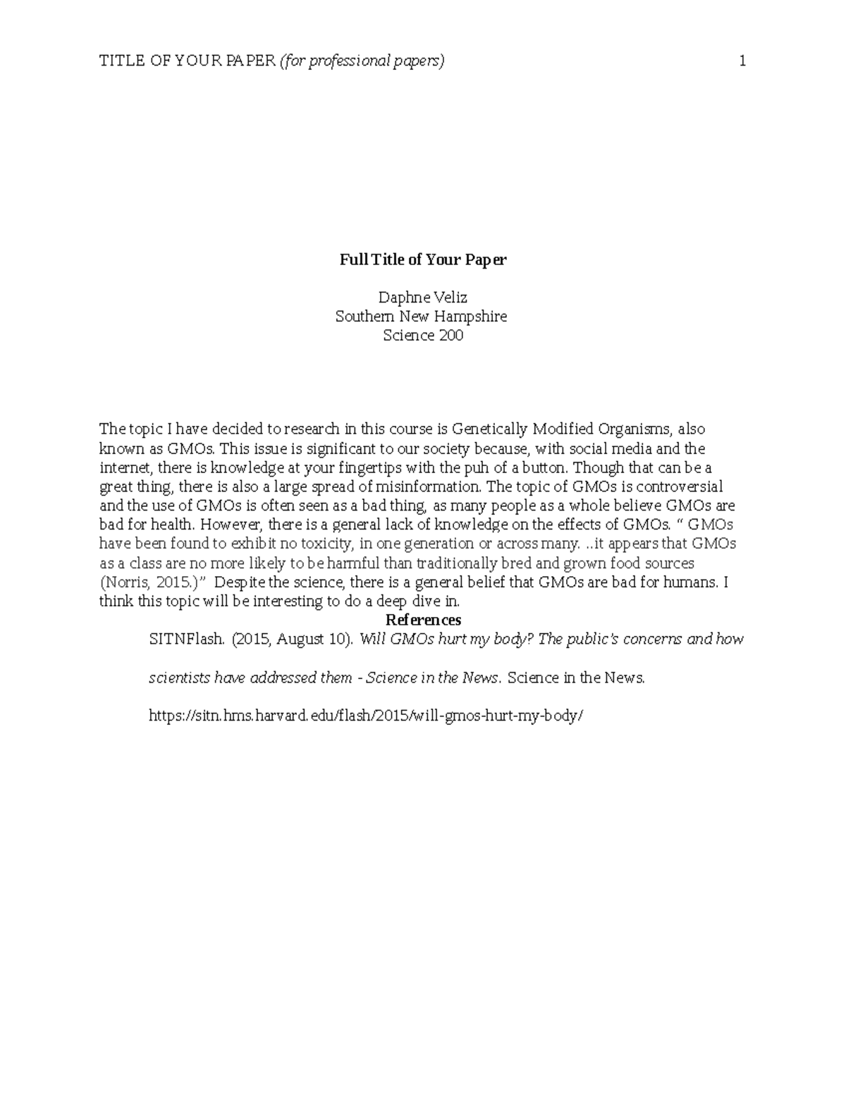 Sci 100 Module 1 - TITLE OF YOUR PAPER (for professional papers) 1 Full ...