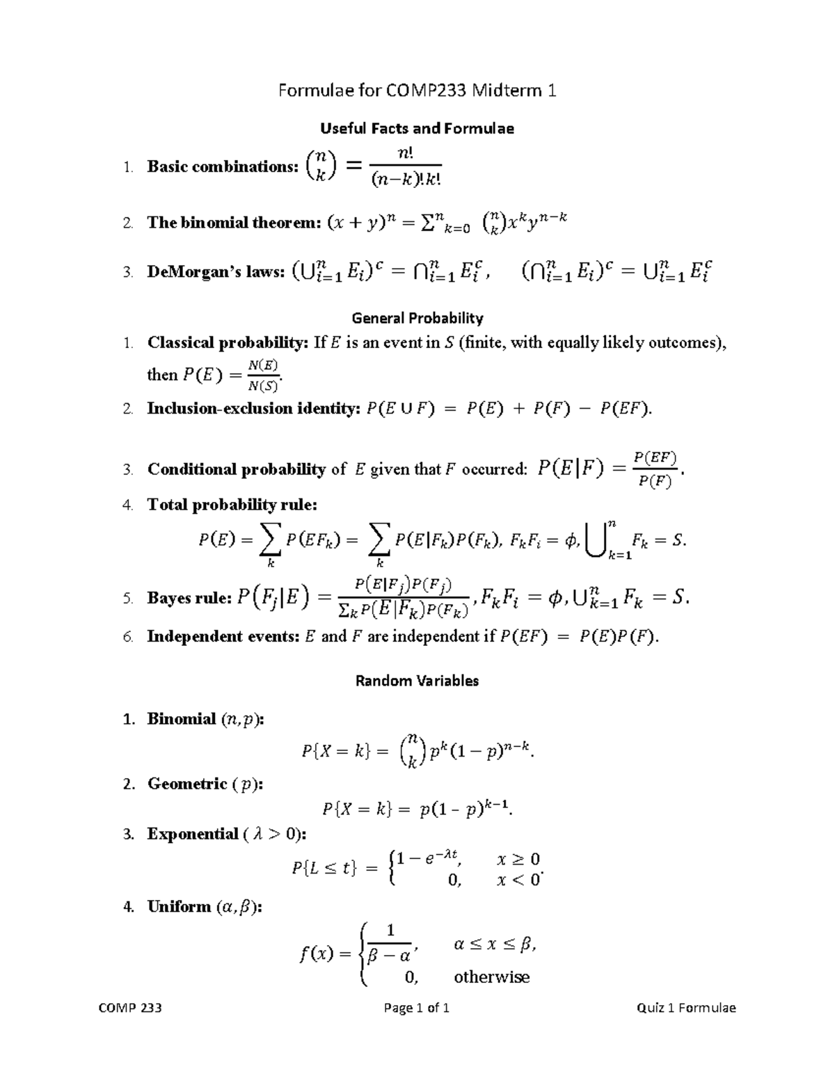 Formulae for COMP 233 Midterm 1 F21 - COMP 233 Page 1 of 1 Quiz 1 Formulae Formulae for COMP233 ...