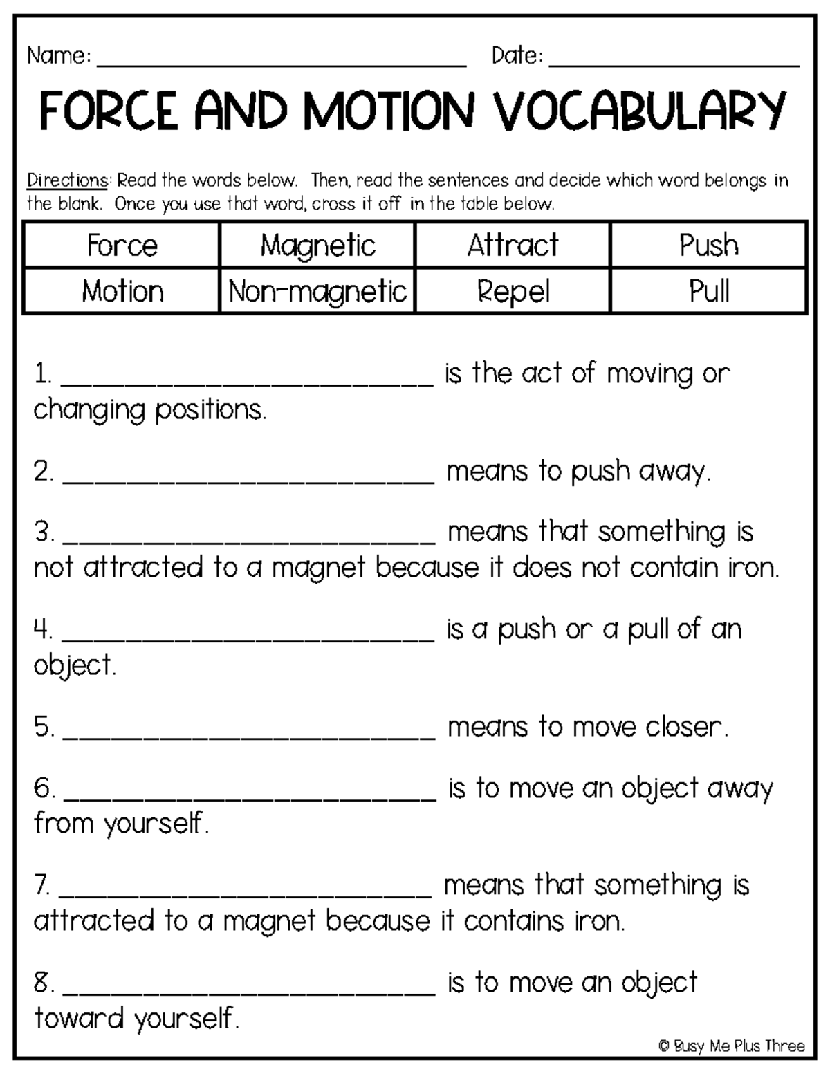 8TH CW - ILL - Force and Motion Vocabulary Di rections: Read the words ...