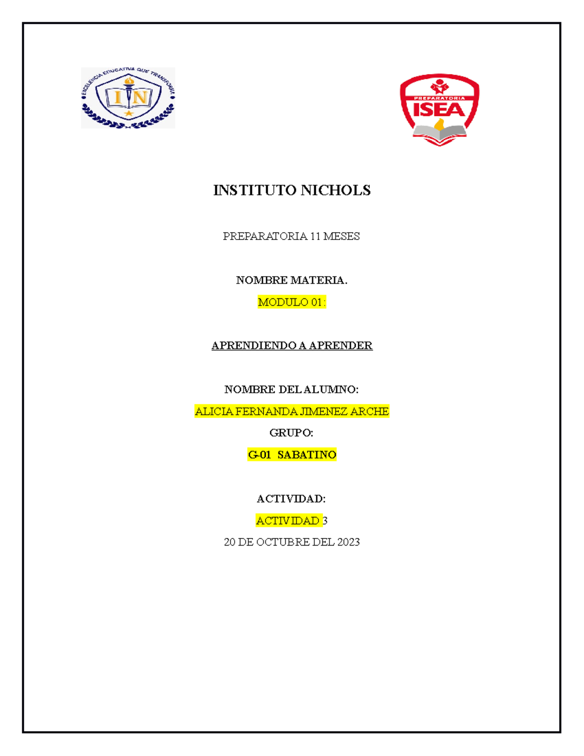 Portada PARA Actividades FER - INSTITUTO NICHOLS PREPARATORIA 11 MESES ...