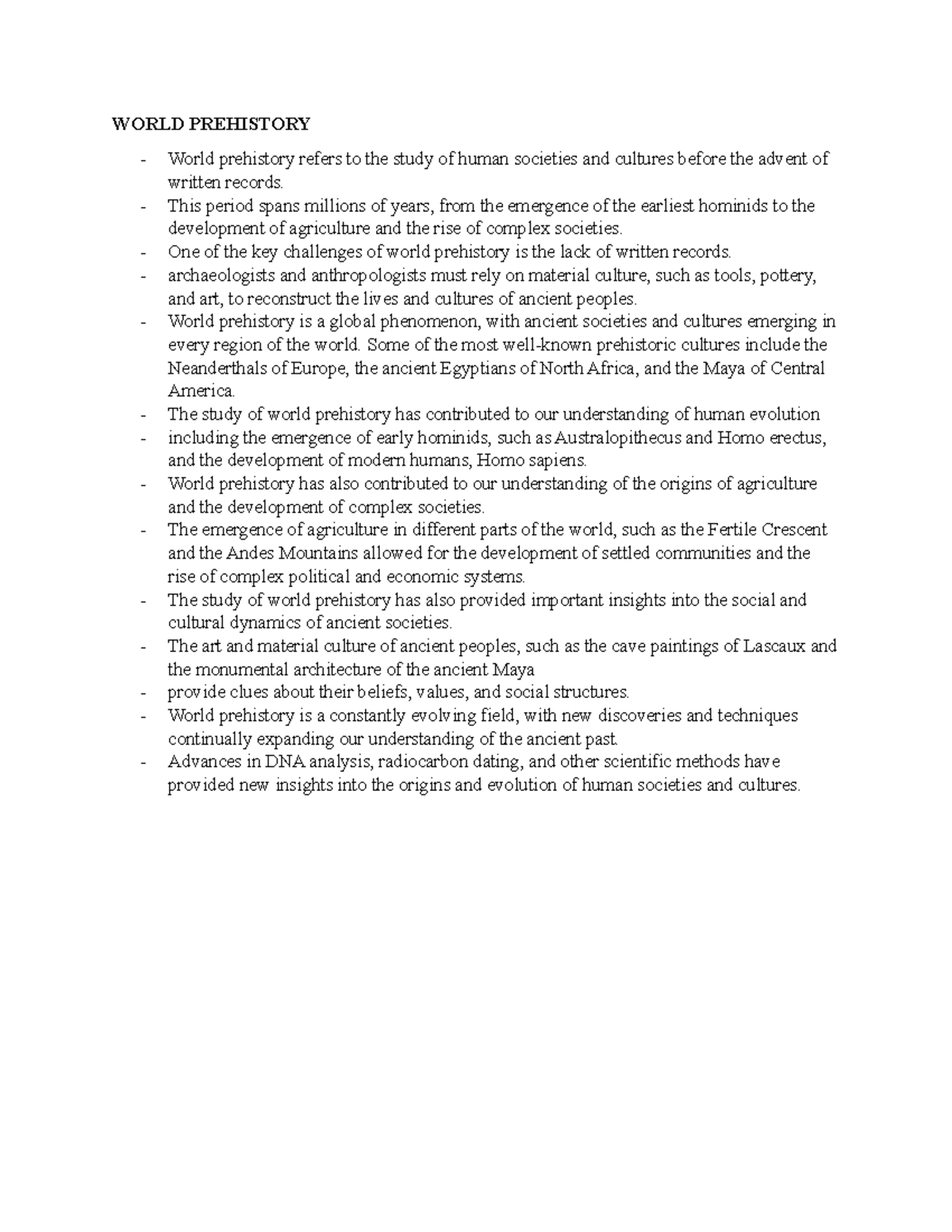 World Prehistory Notes 1 - WORLD PREHISTORY World prehistory refers to ...