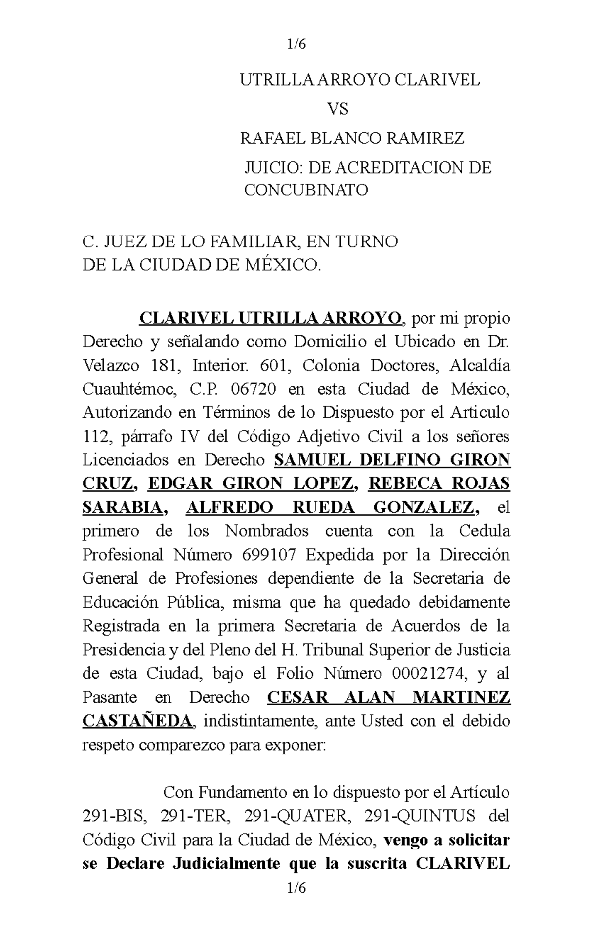 Demanda Inicial DE Concubinato DE LA Señora Utrilla Arroyo Clarivel ...