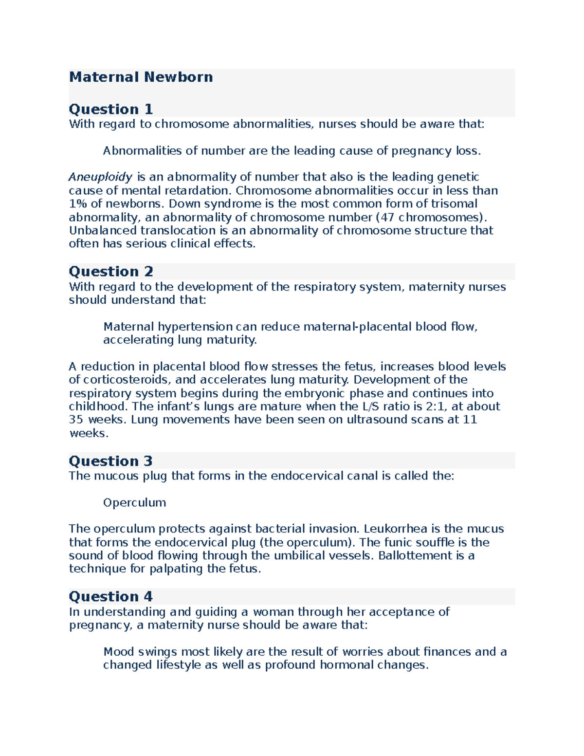 Maternal Newborn Nursing Practice Quiz 1 - Maternal Newborn Question 1 ...