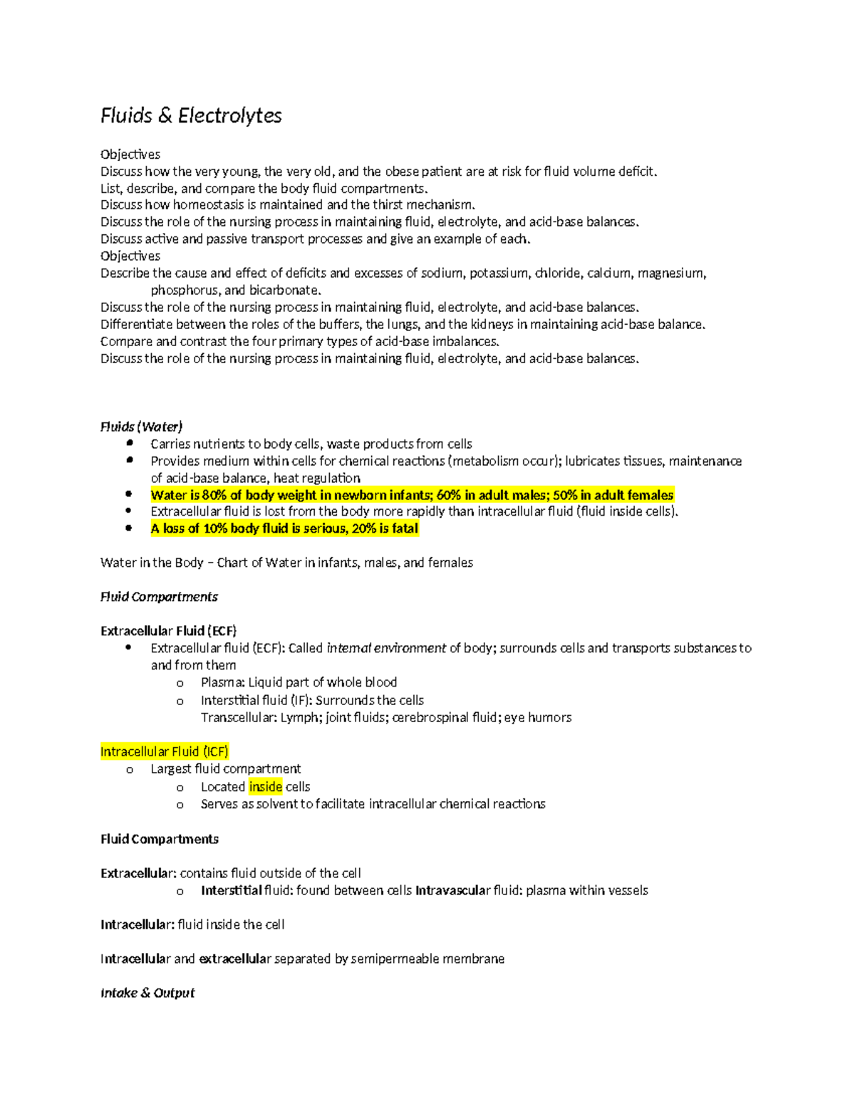 Fluid & Electrolyte Notes - Fluids & Electrolytes Objectives Discuss ...