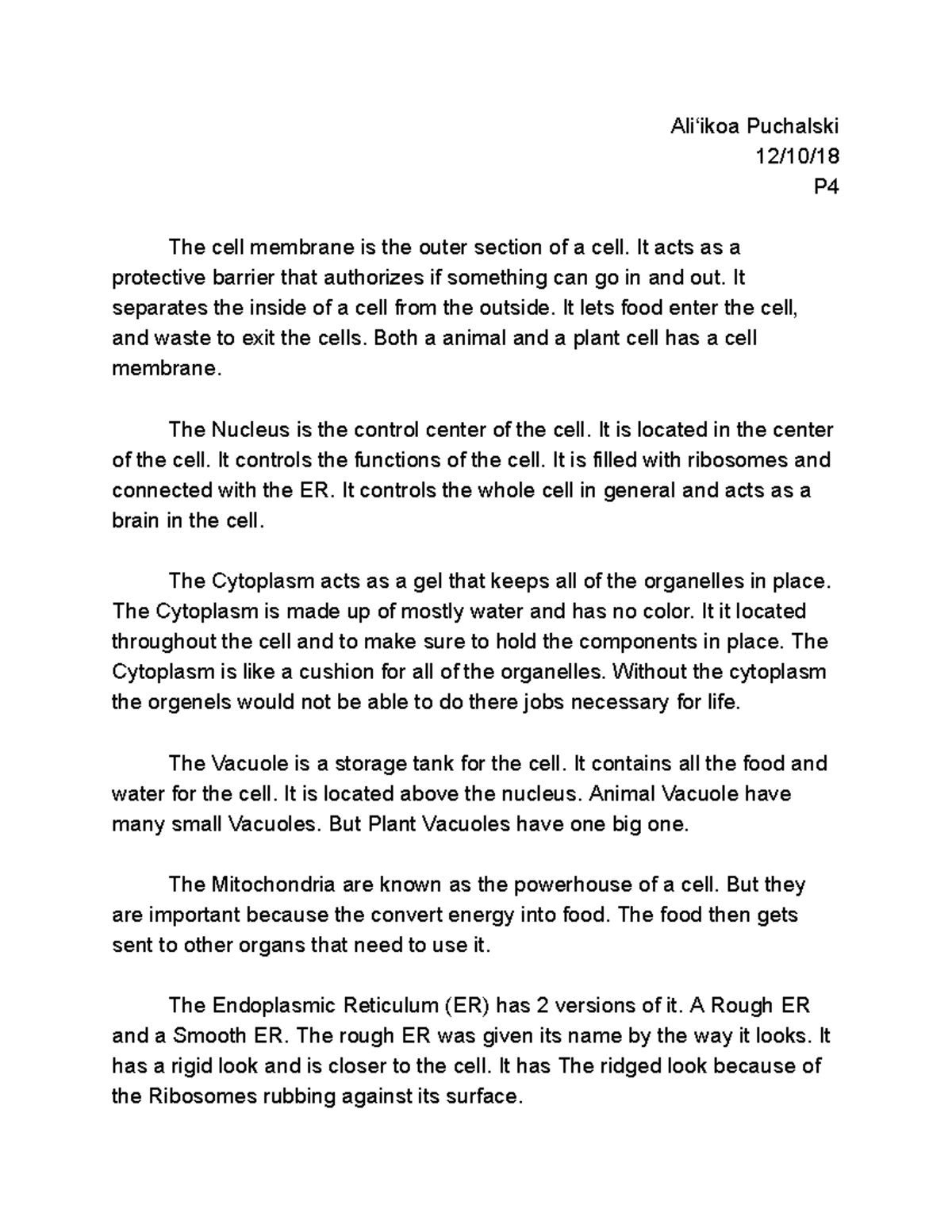 Semester Project - Cell Model - Google Docs - Aliʻikoa Puchalski 12/10 ...