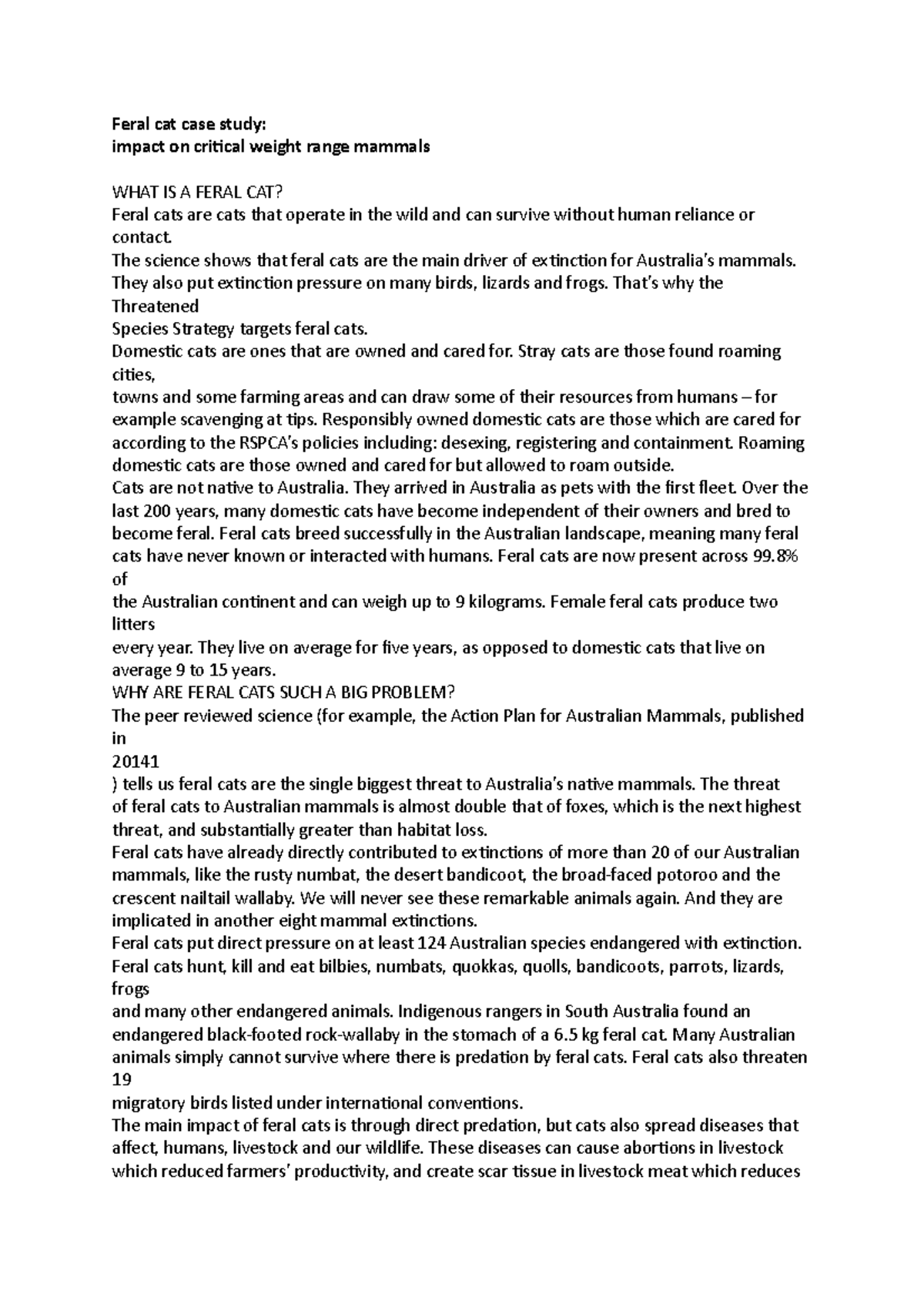 Feral cat case study - Feral cat case study: impact on critical weight ...