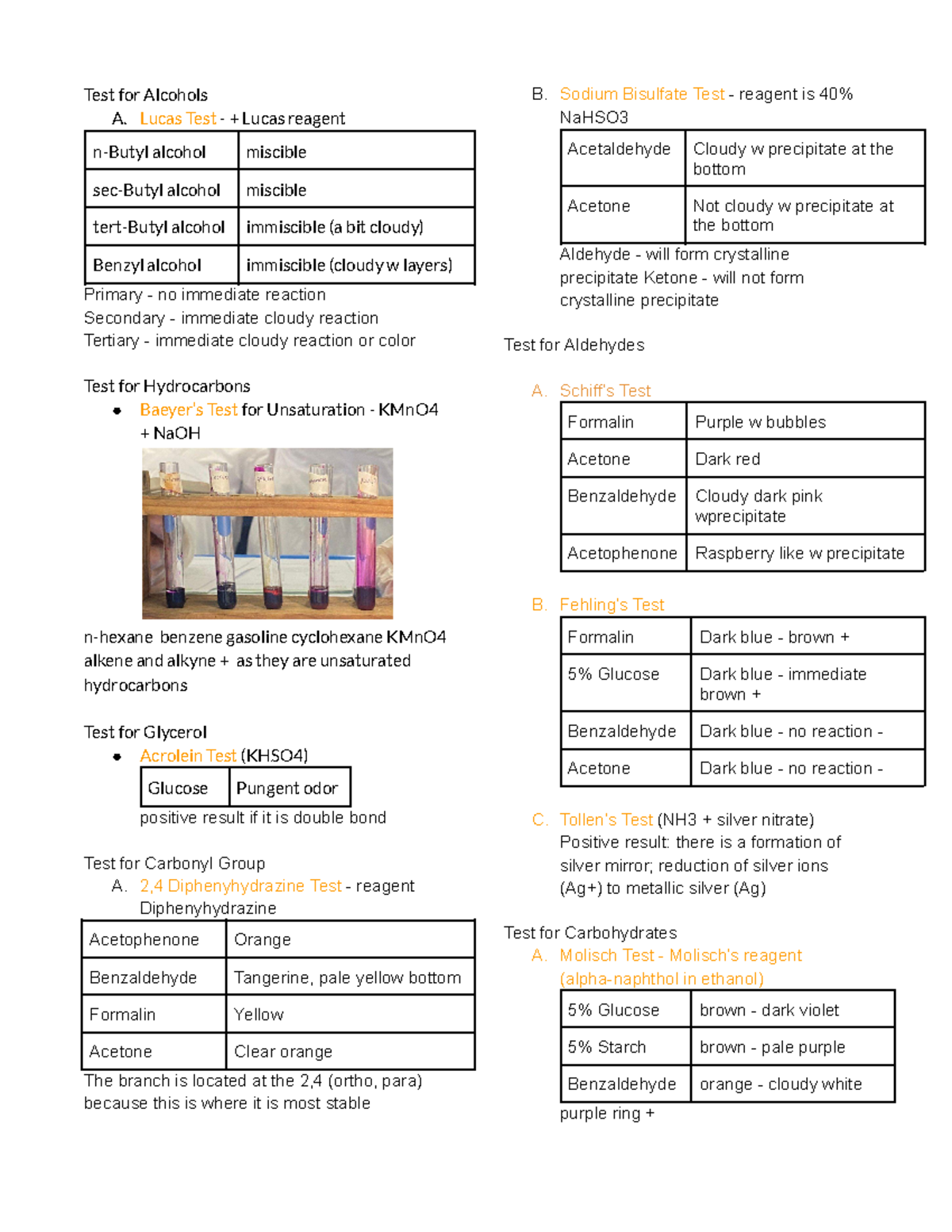 Organic Chemistry Laboratory - Test for Alcohols A. Lucas Test ...