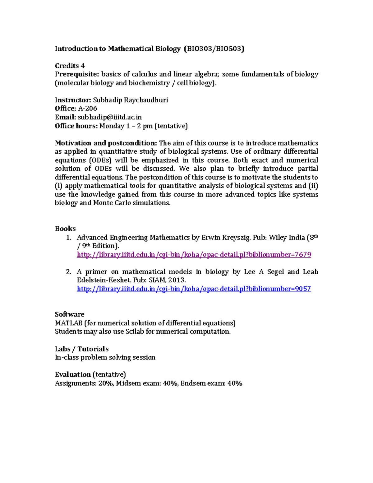 Courseplanforbio 303 1689 - Intro duction to Mathematical Biology ...