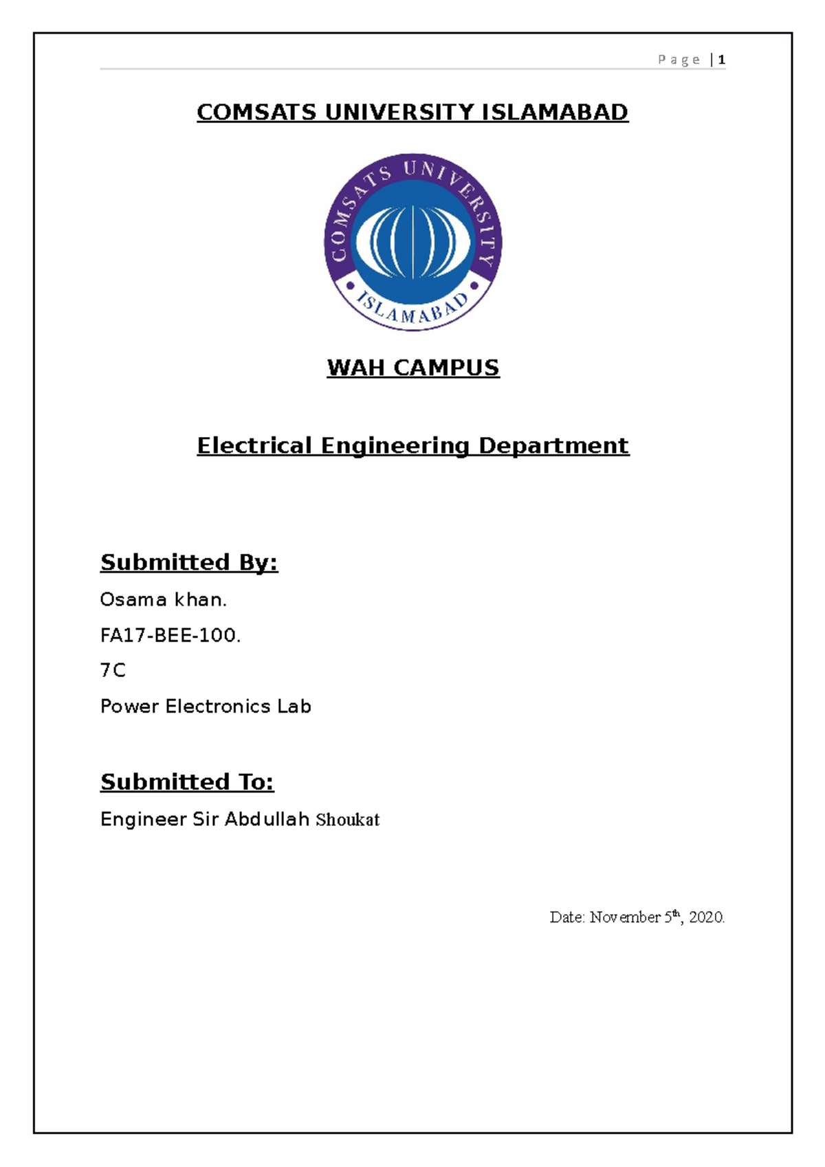 (PE) Assignment 02 FA17-BEE-100 - P a g e | 1 COMSATS UNIVERSITY ...