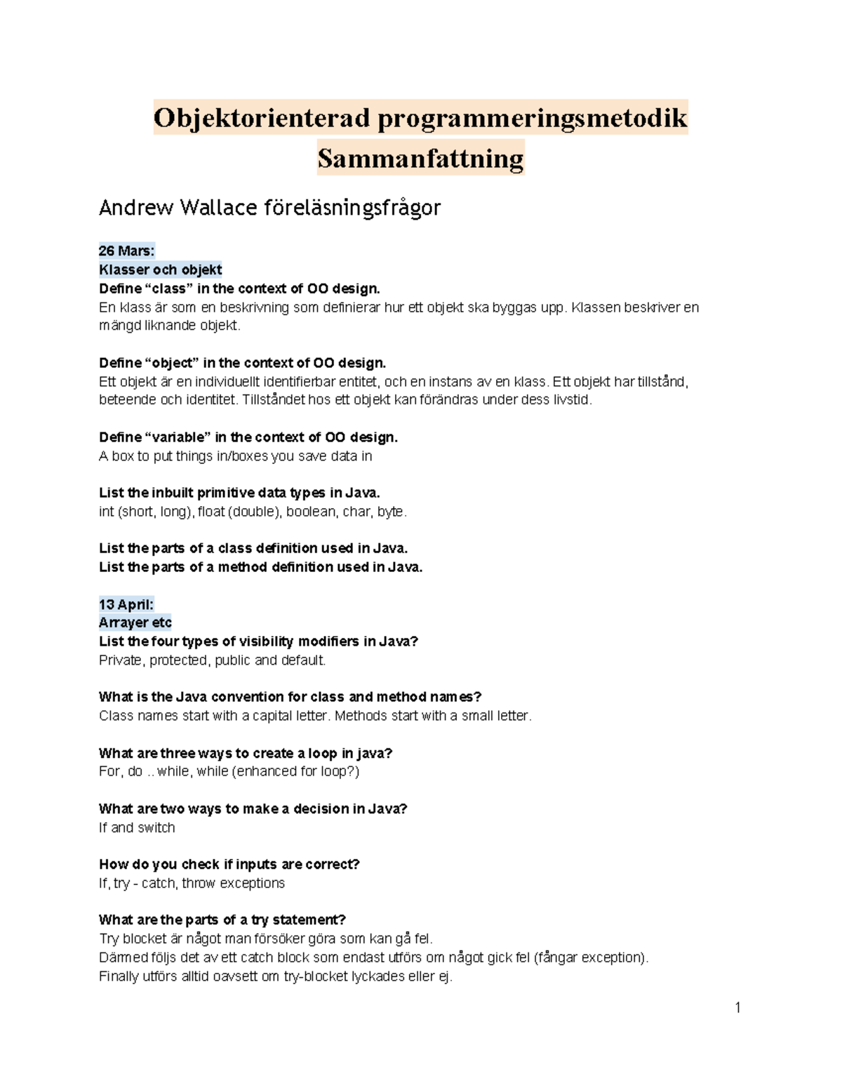 OOPM sammanfattning - A summary of the course for exam - Objektorienterad programmeringsmetodik ...