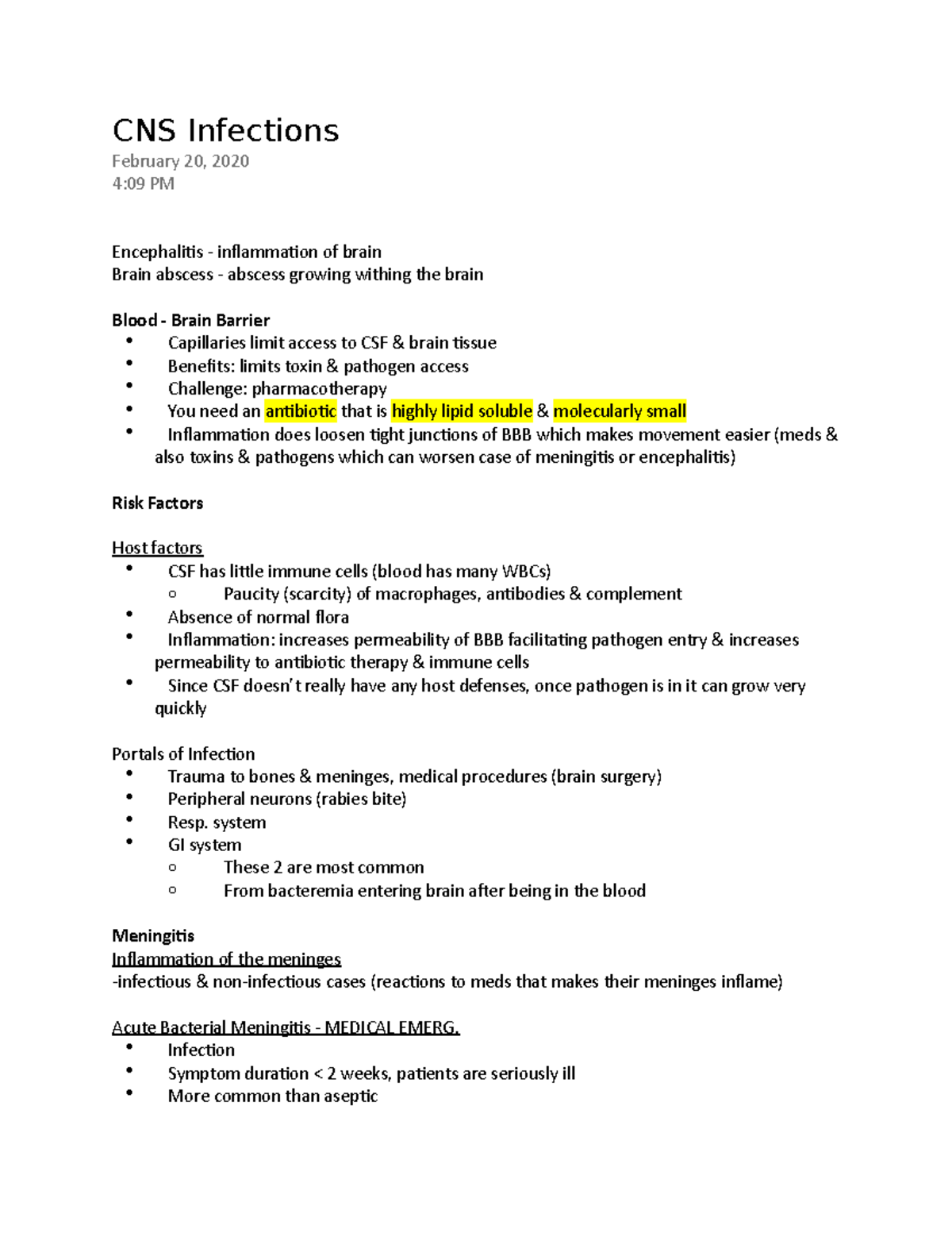 CNS Infections - Lecture notes 2 - CNS Infections February 20, 2020 4: ...
