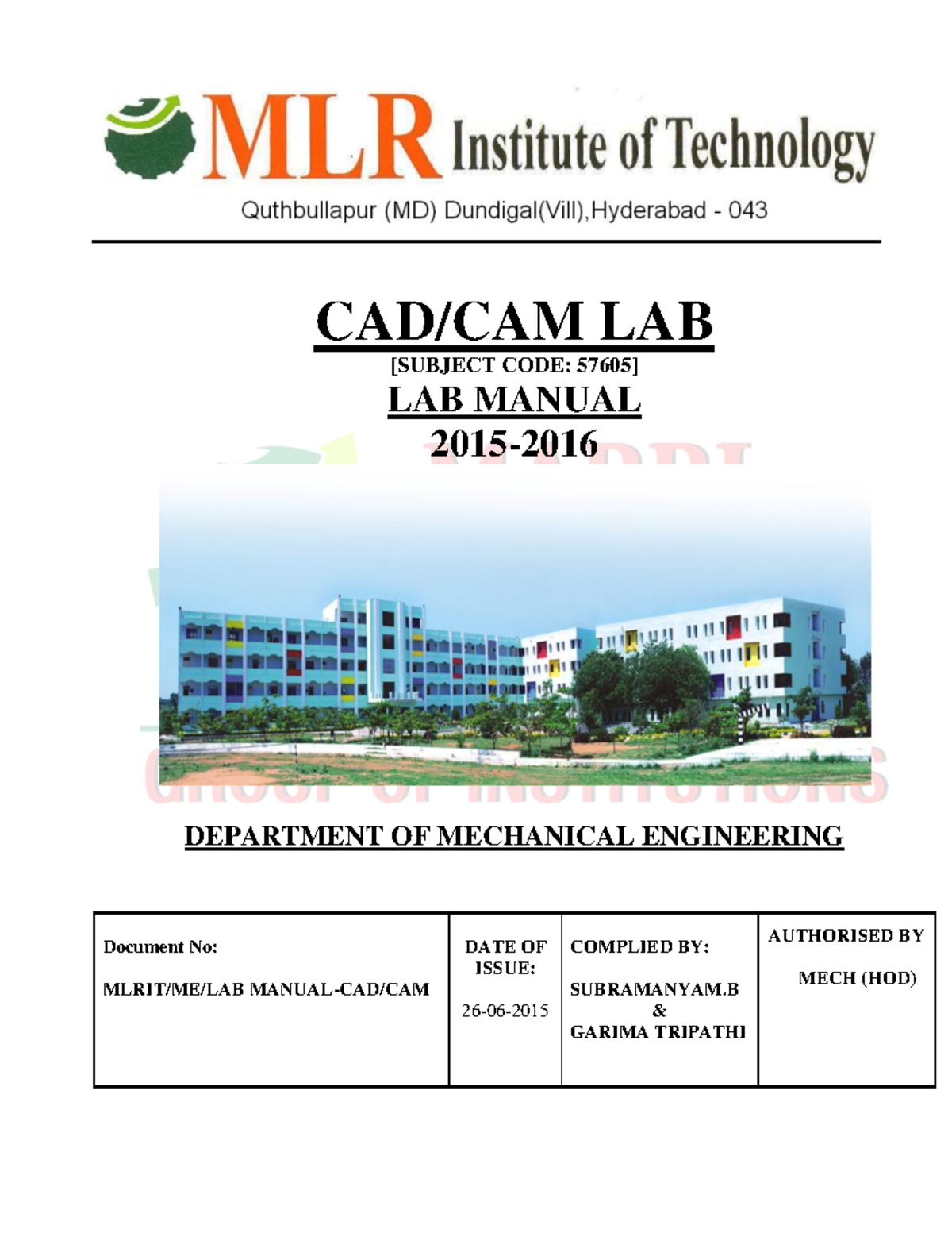 Lab Manua; - CAD/CAM LAB [SUBJECT CODE: 57605] LAB MANUAL 2015 ...