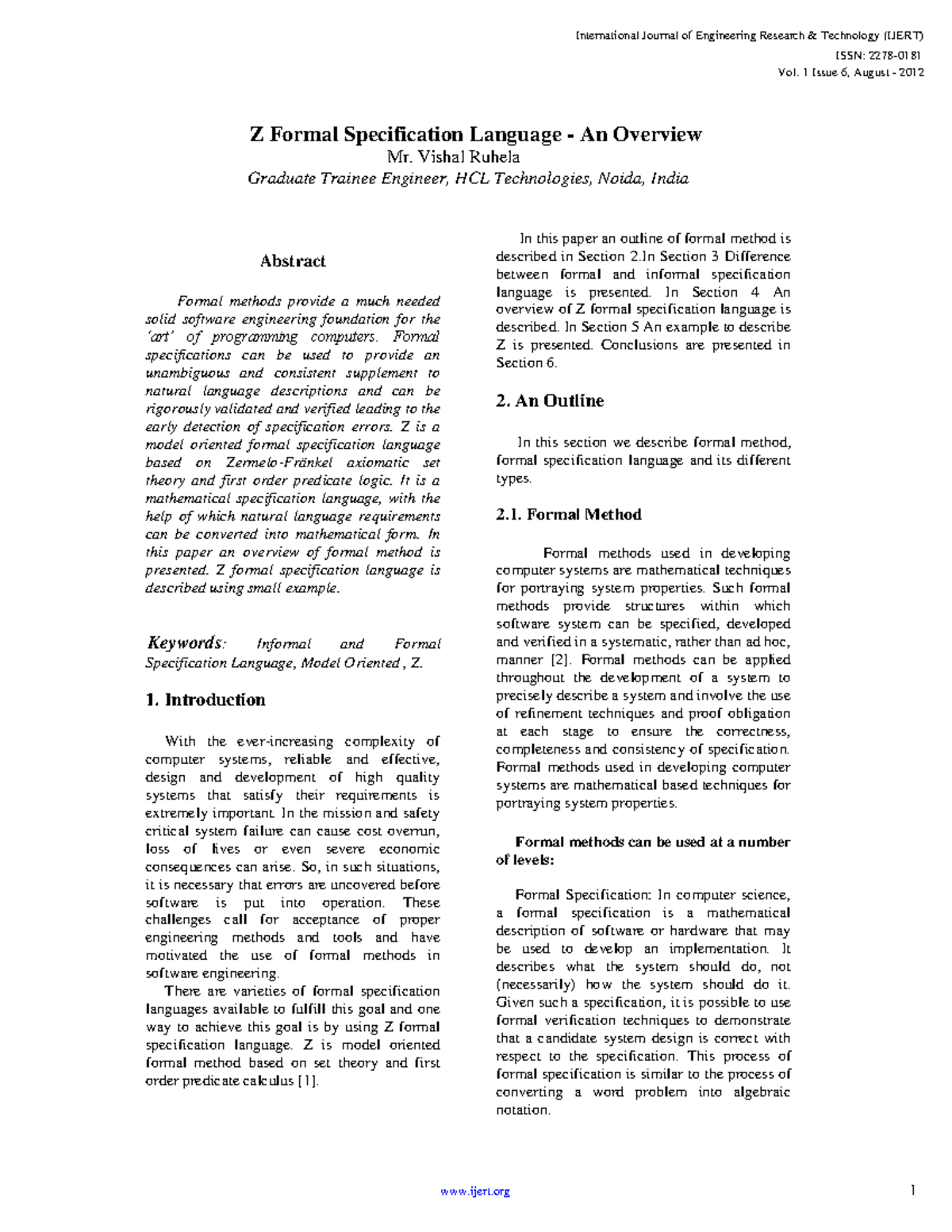 Z Formal Specification Language An Overview Ijertv 1is6492 Z Formal Specification Language