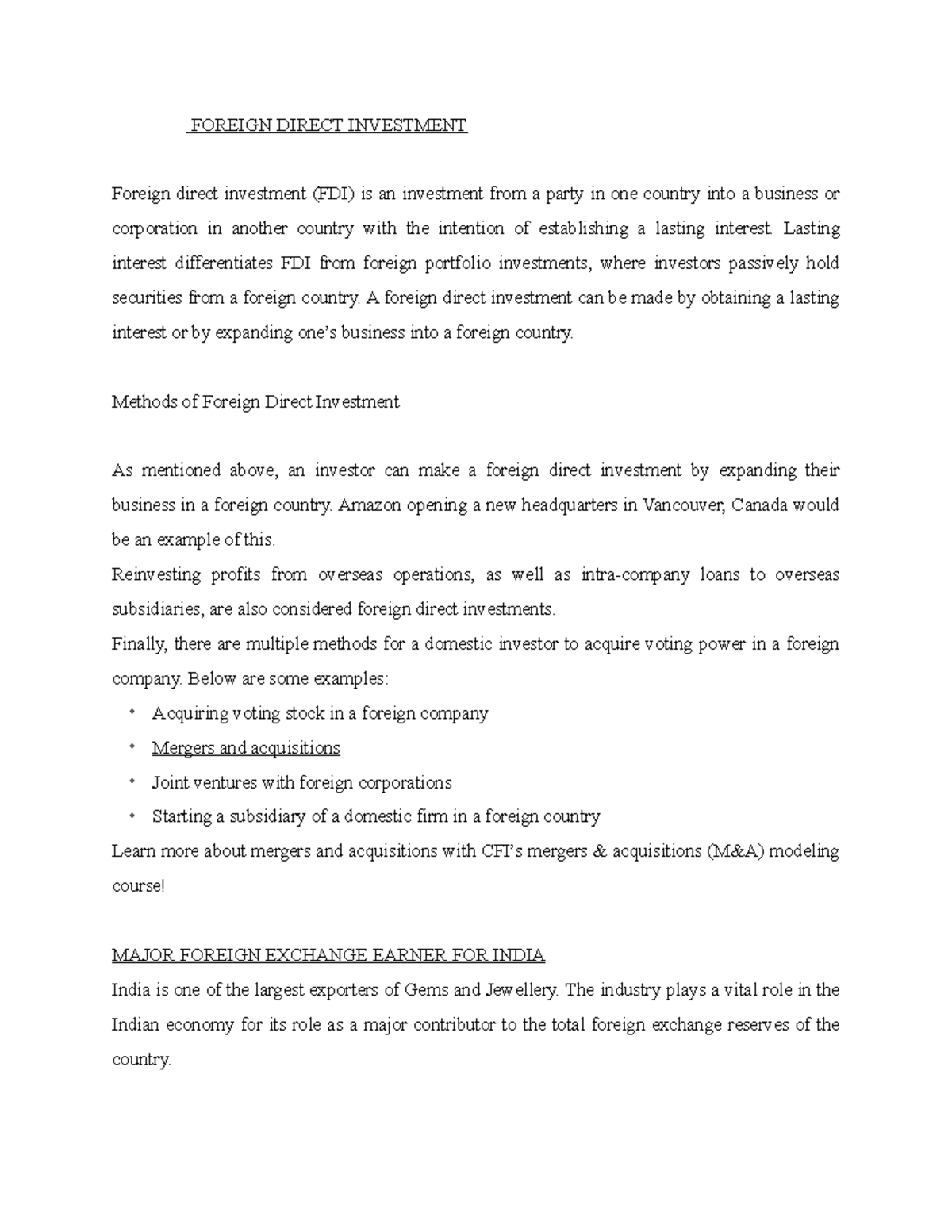 FDI - FOREIGN DIRECT INVESTMENT Foreign direct investment (FDI) is an ...