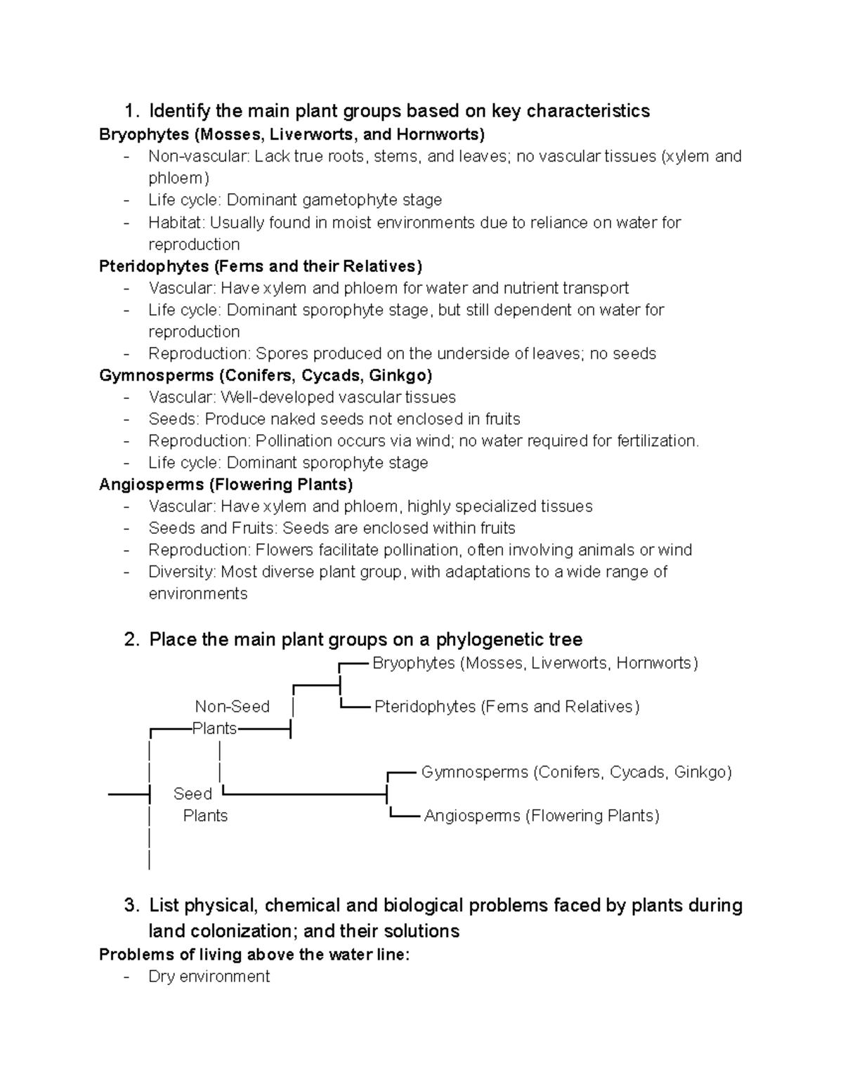 BIO 1130 Topic 11 - 1. Identify the main plant groups based on key ...
