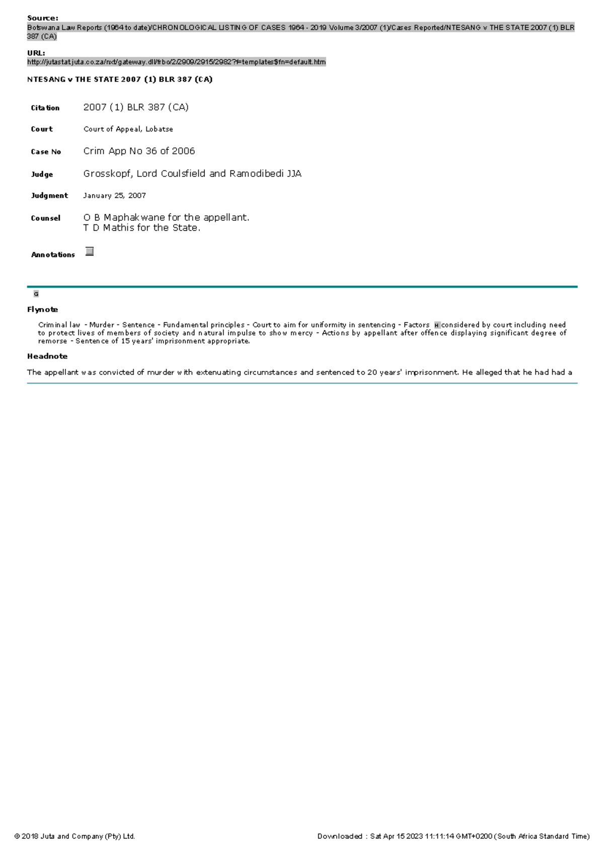 Ntesang v THE State 2007 (1) BLR 387 (CA) - Source: Botswana Law ...