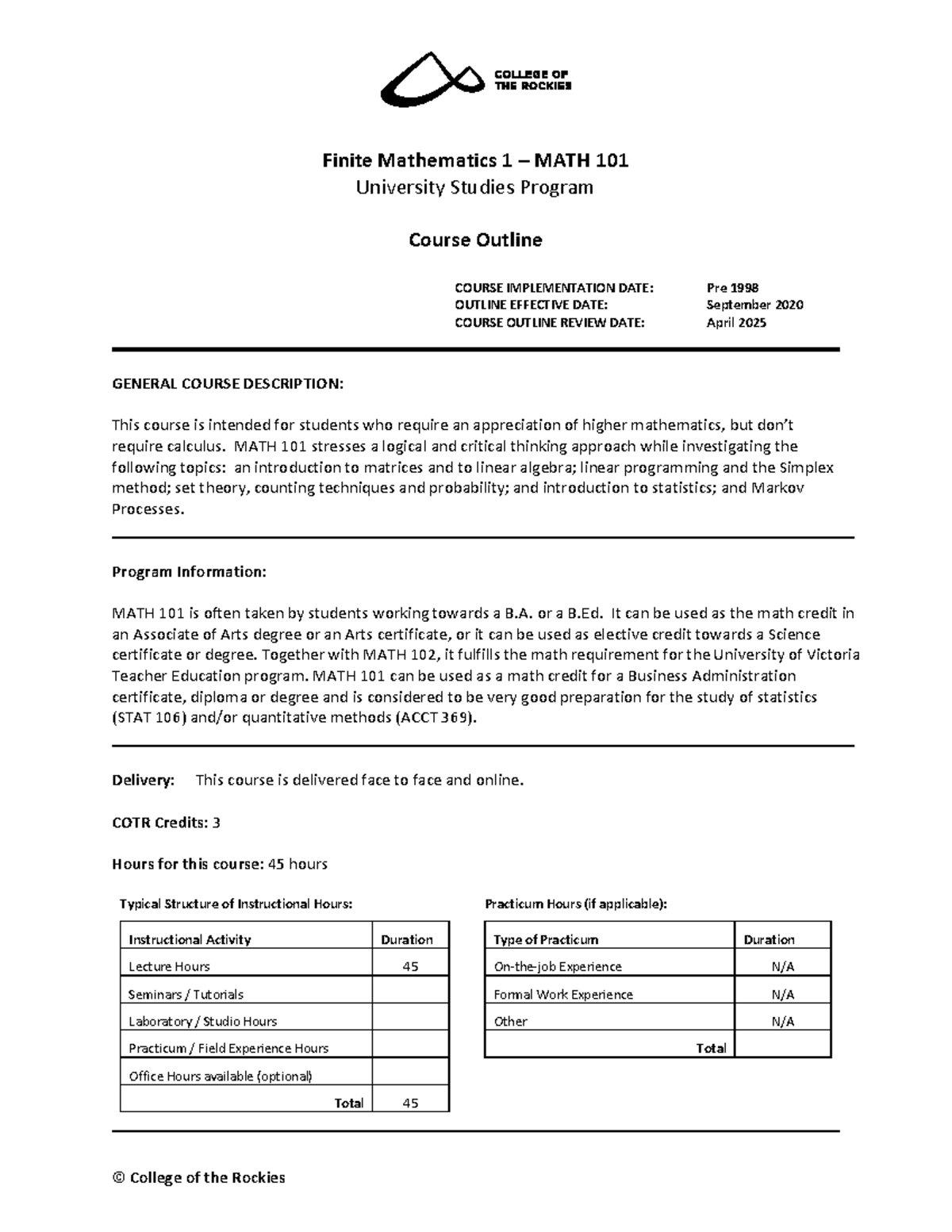 MATH101 - course outline - © College of the Rockies Finite Mathematics ...