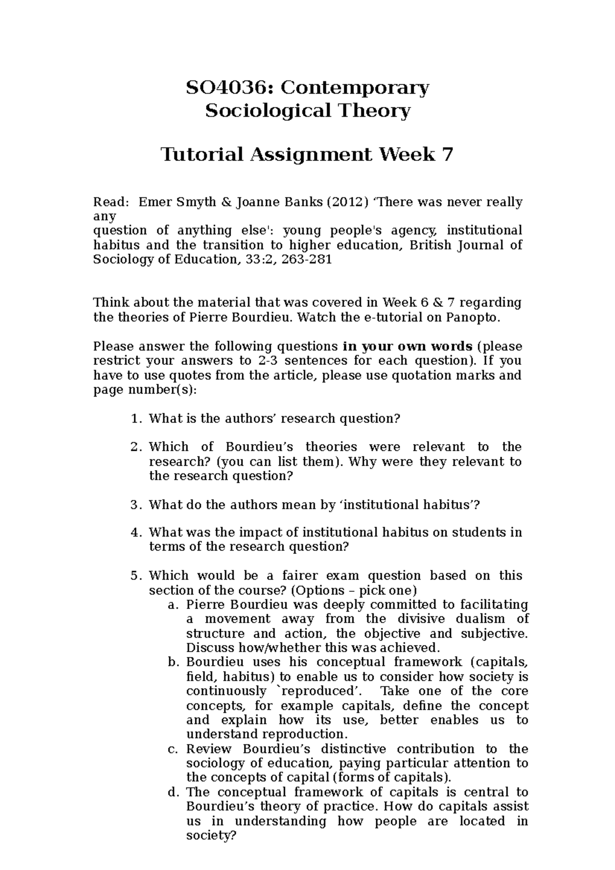 W7 Tutorial Assessment SO 4036 - SO4036: Contemporary Sociological ...