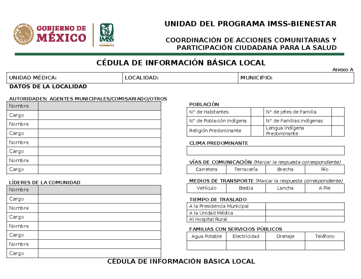 Anexo A CÉDULA DE InformacióN BÁSICA - UNIDAD DEL PROGRAMA IMSS ...