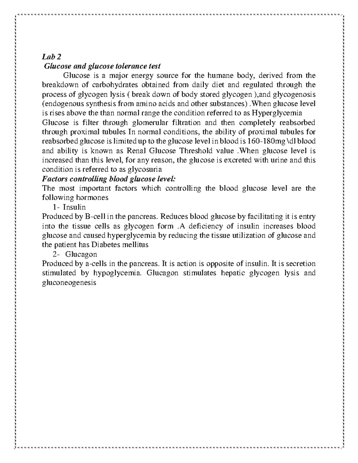 Glucose and glucose tolerance test - Lab 2 Glucose and glucose ...