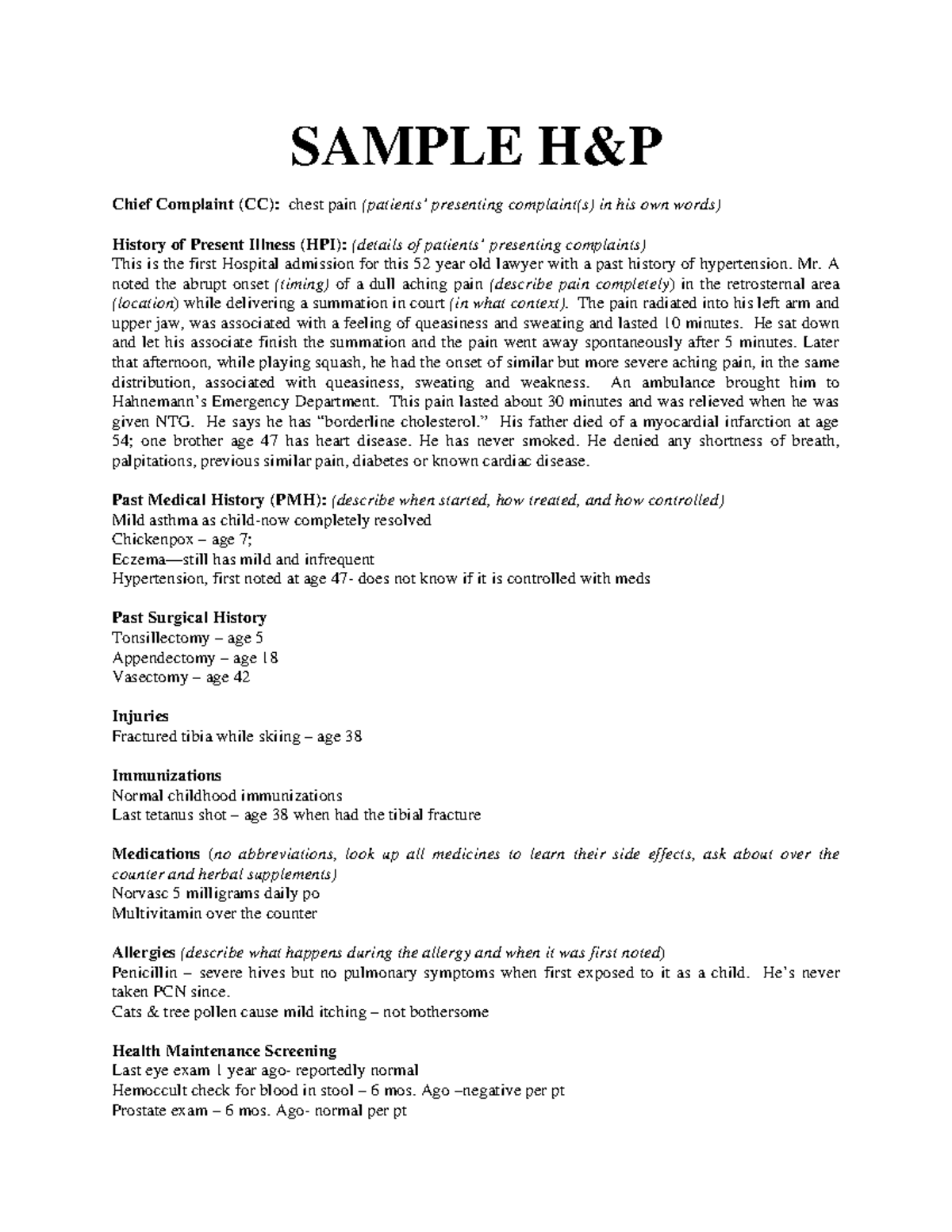 Sample written H and P - ddddd - SAMPLE H&P Chief Complaint (CC): chest ...