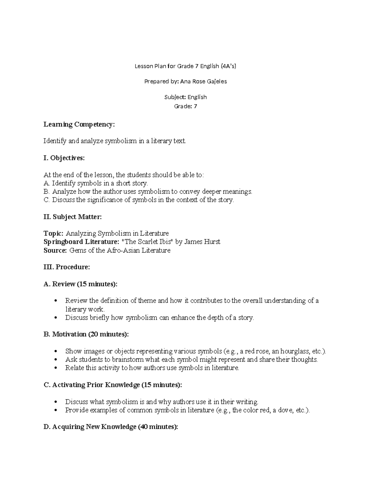 4A's Lesson Plan 2 - Lesson Plan for Grade 7 English (4A’s) Prepared by ...