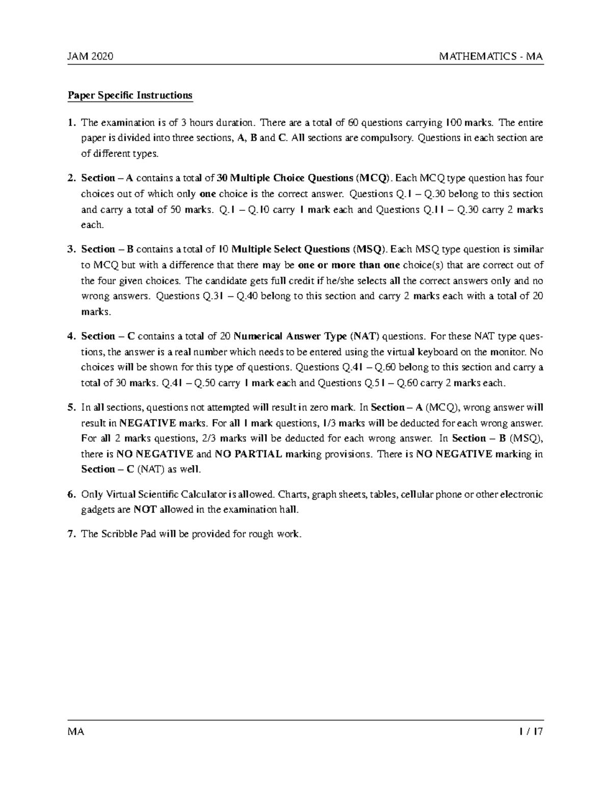 MA2020 - mathematics notes - Paper Specific Instructions The ...