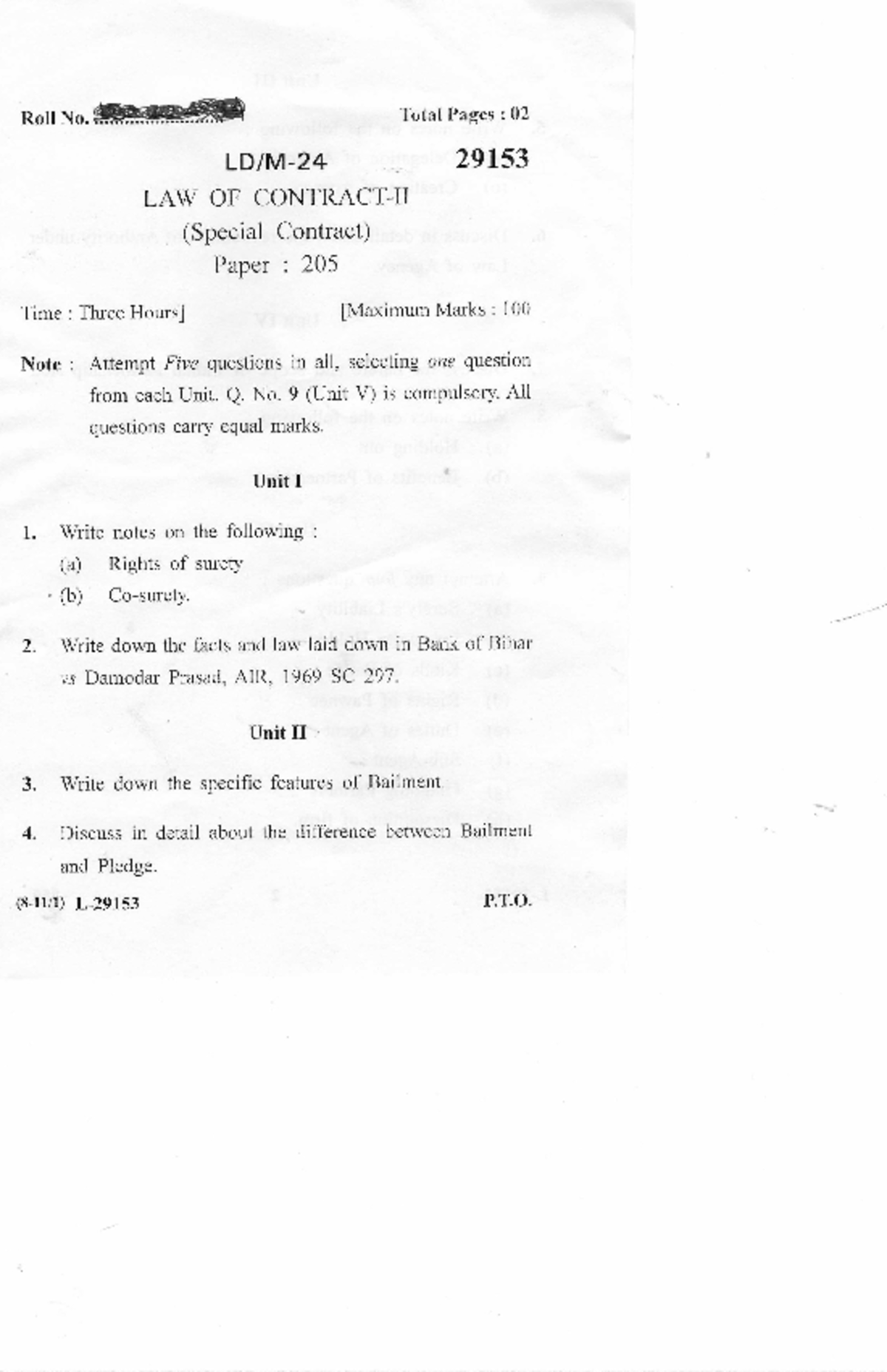 2-Law of Contract - Question Paper - Llb - Studocu