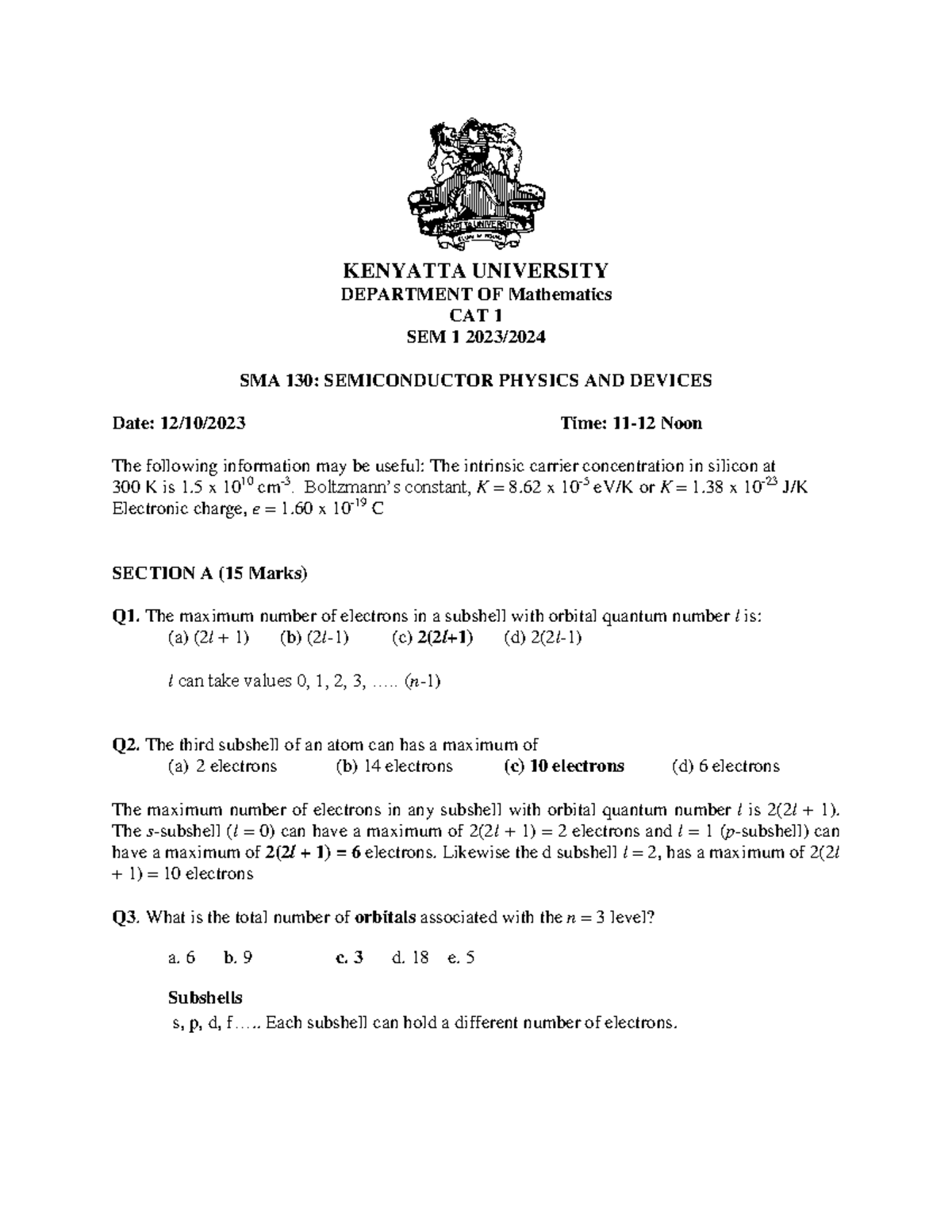SMA 130 CAT 1 Solution-2023-2024 - KENYATTA UNIVERSITY DEPARTMENT OF ...