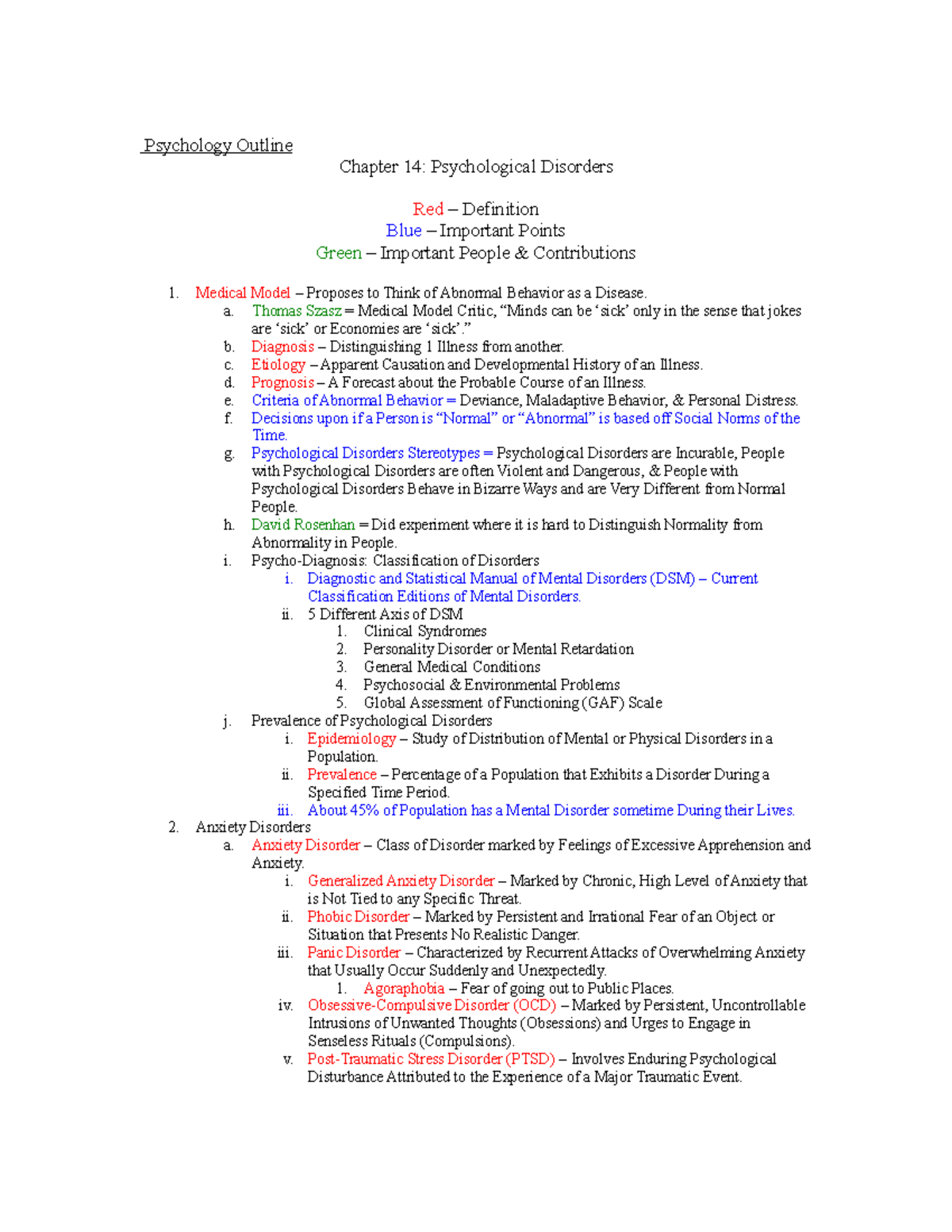 APP Ch.14 Outline Psychological Disorders - Psychology Outline Chapter ...