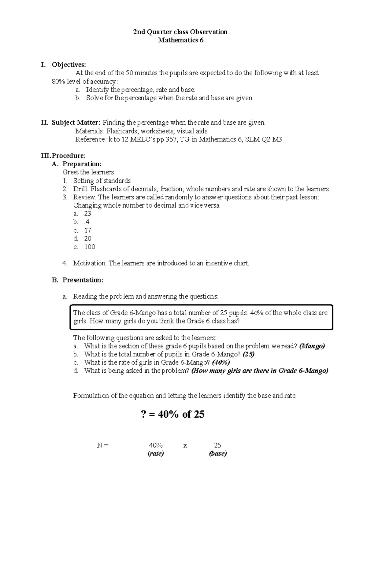 FINDING THE PERCENTAGE - 2nd Quarter class Observation Mathematics 6 I ...