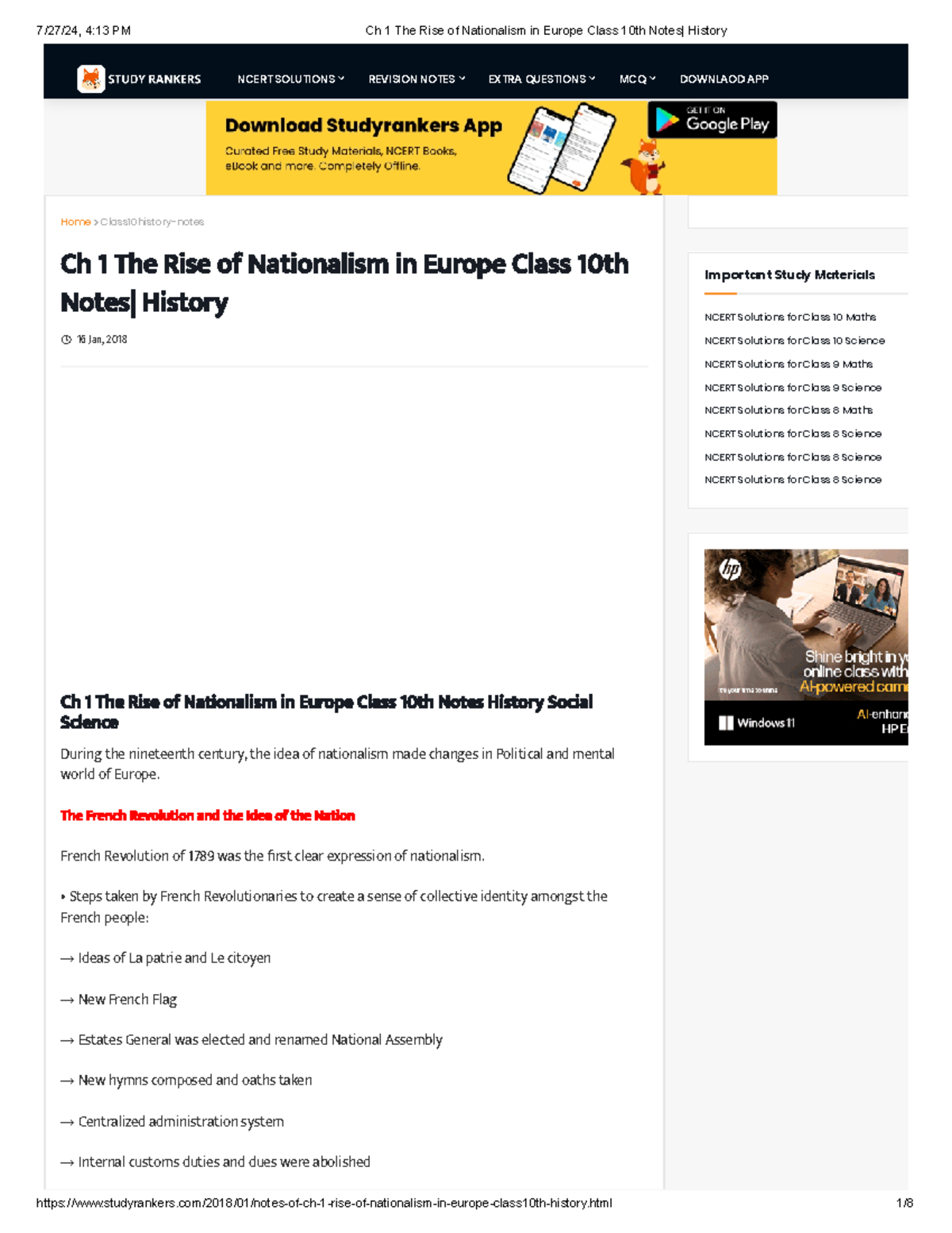 Ch 1 The Rise of Nationalism in Europe Class 10th Notes History - The ...
