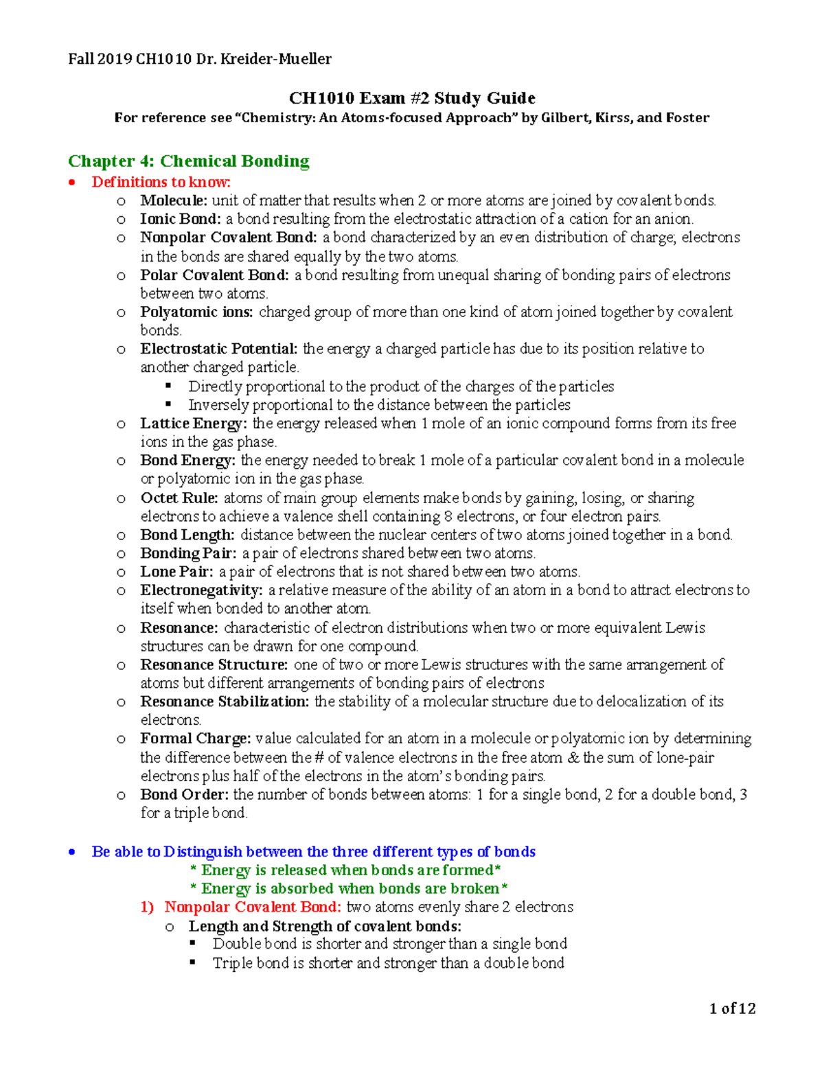 Study Guide CH 101 0 Exam 2 Fall 2019 - CH1010 Exam #2 Study Guide For ...