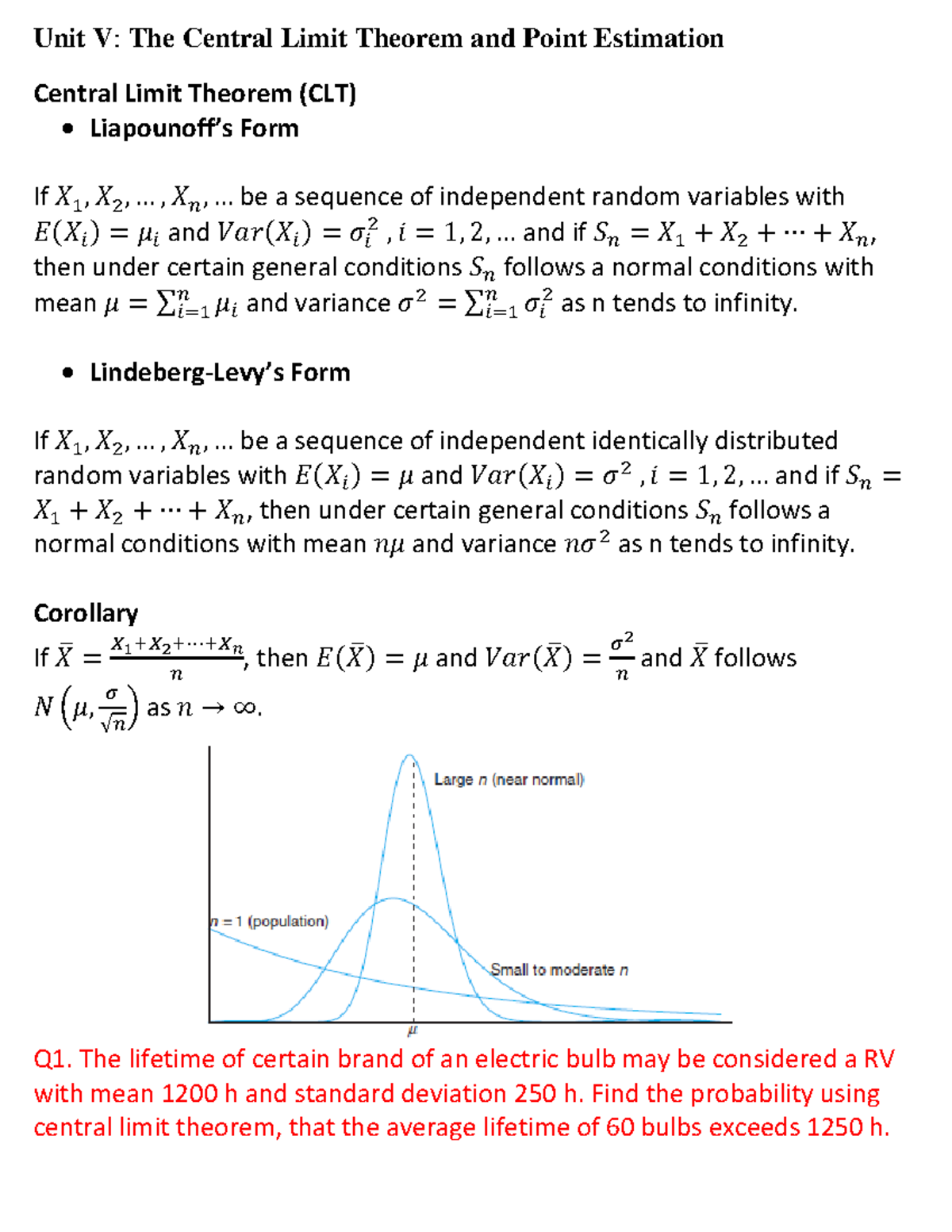 Unit V math - Unit V: The Central Limit Theorem and Point Estimation Central Limit Theorem (CLT ...