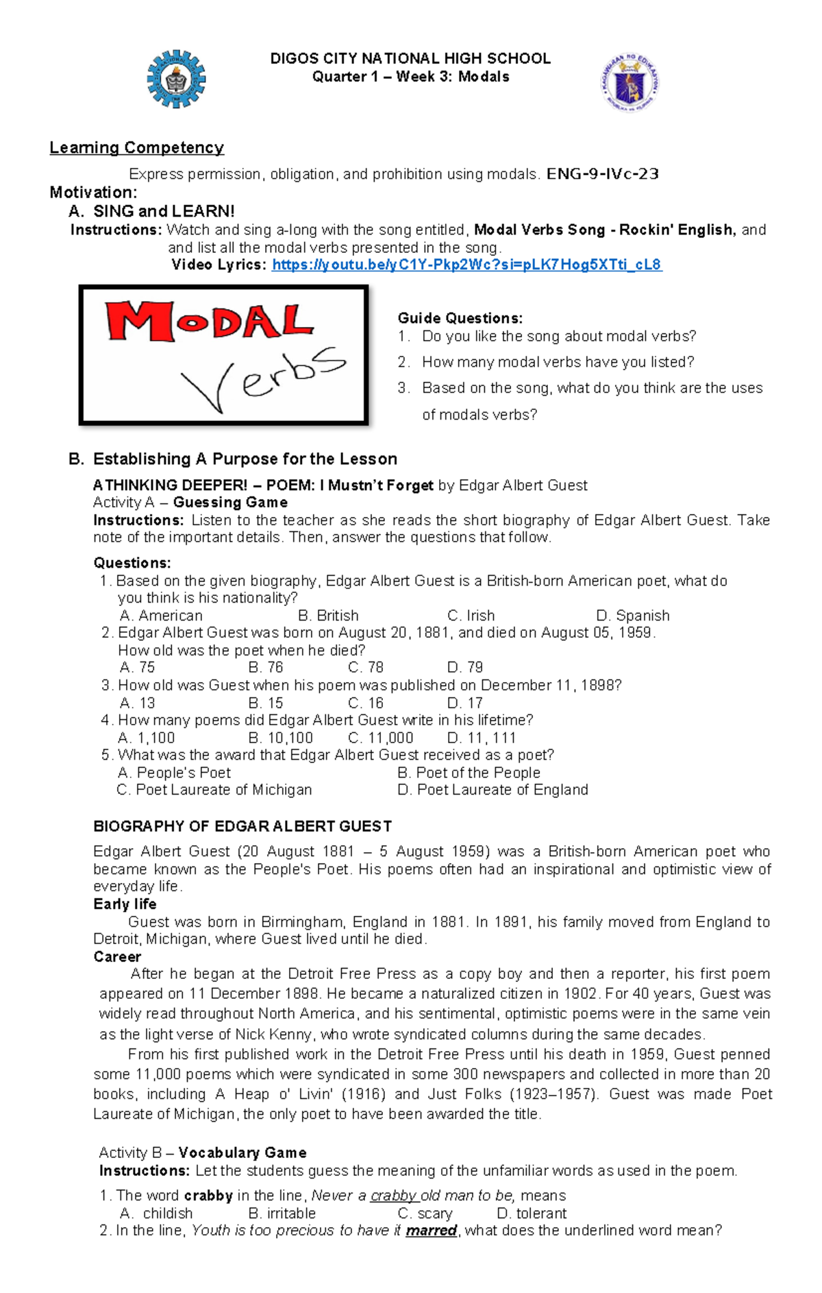 Grade 9 Worksheet Quarter 1 Week 3 Modals Edited - DIGOS CITY NATIONAL ...