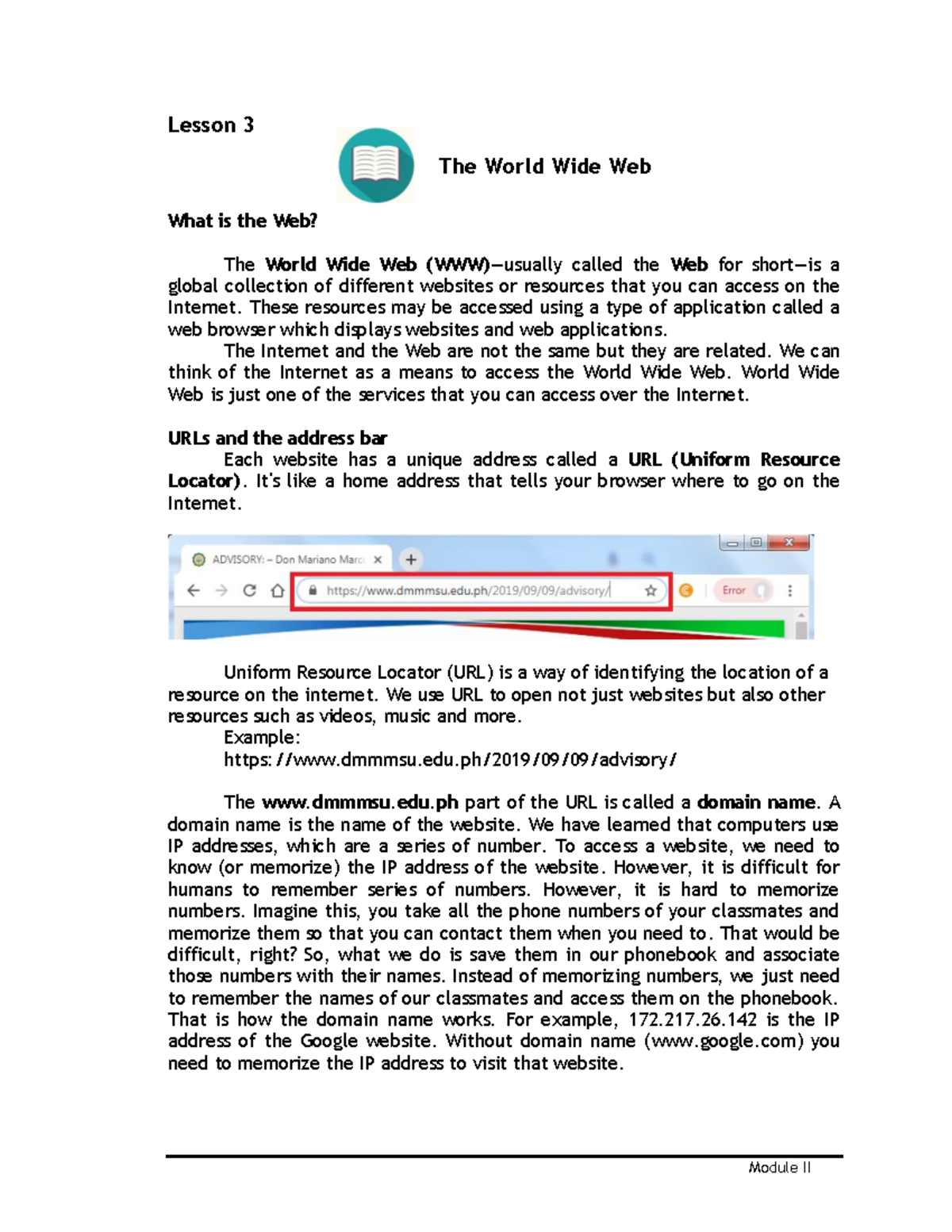 Lesson 6 The World Wide Web - Module II Lesson 3 What is the Web? The ...