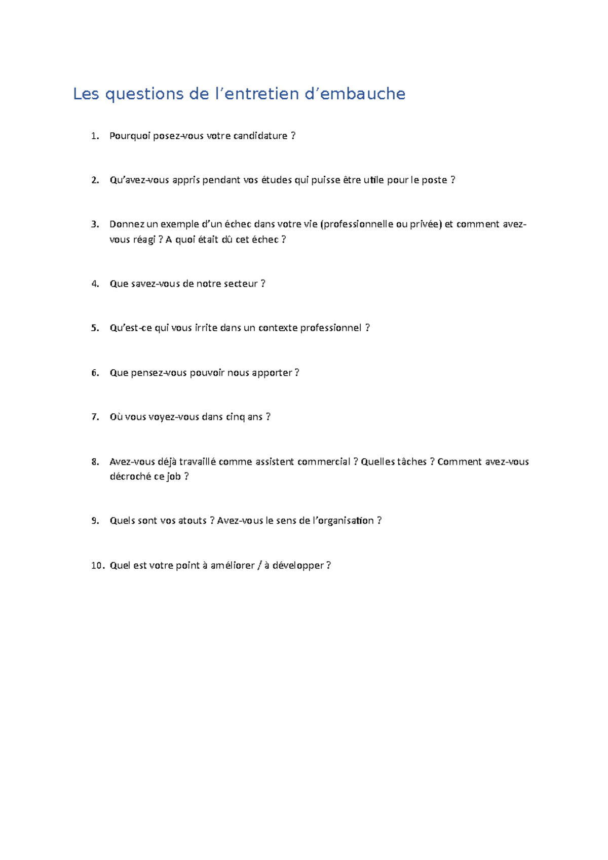 Questions d'entretien - Les questions de l’entretien d’embauche ...