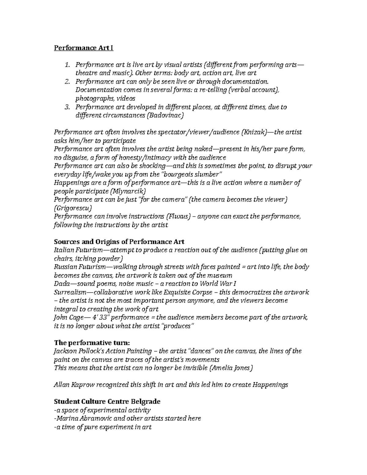 Performance Art Notes - Performance Art I Performance art is live art ...