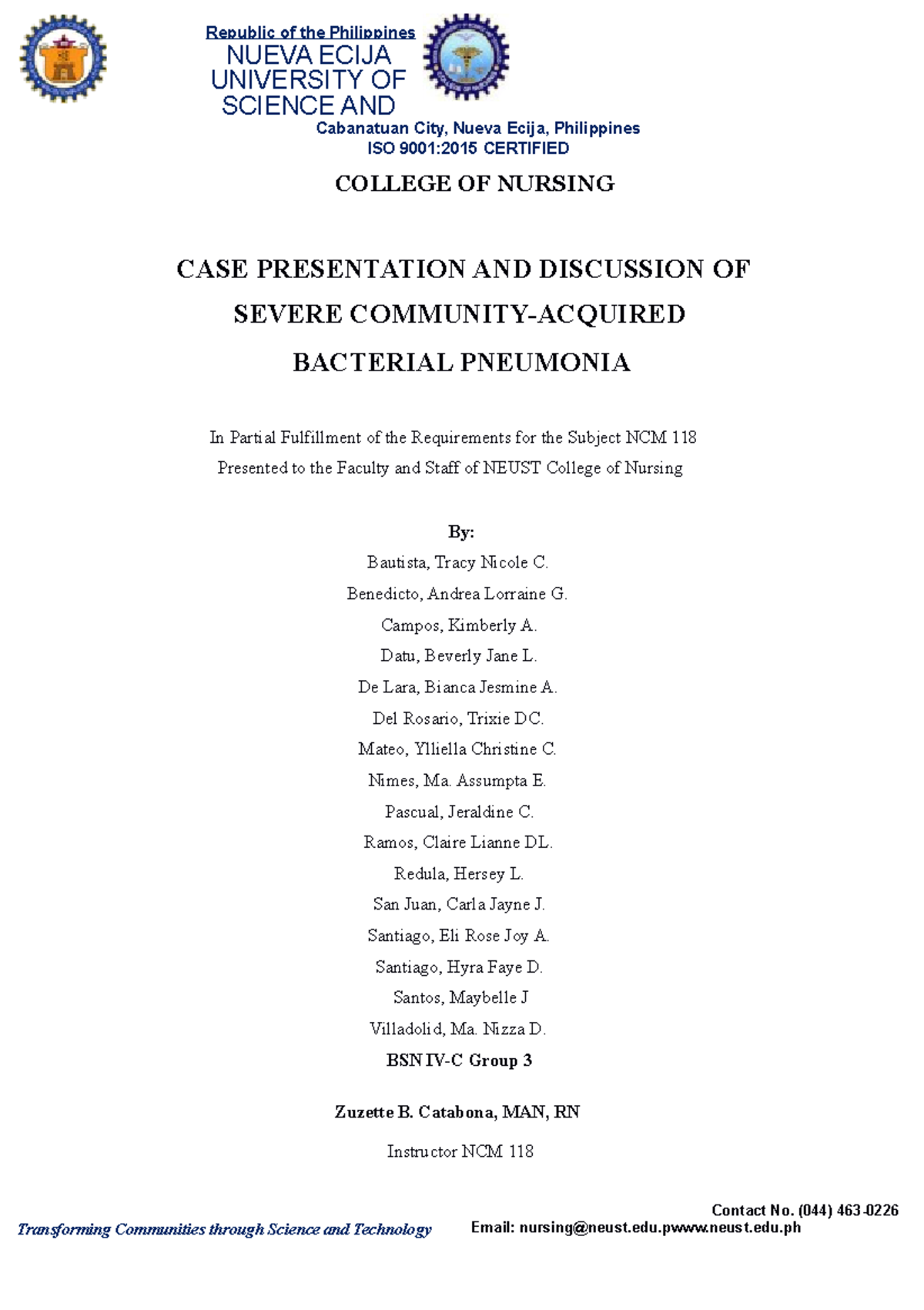 Pneumonia Group Case Study - Republic of the Philippines NUEVA ECIJA ...