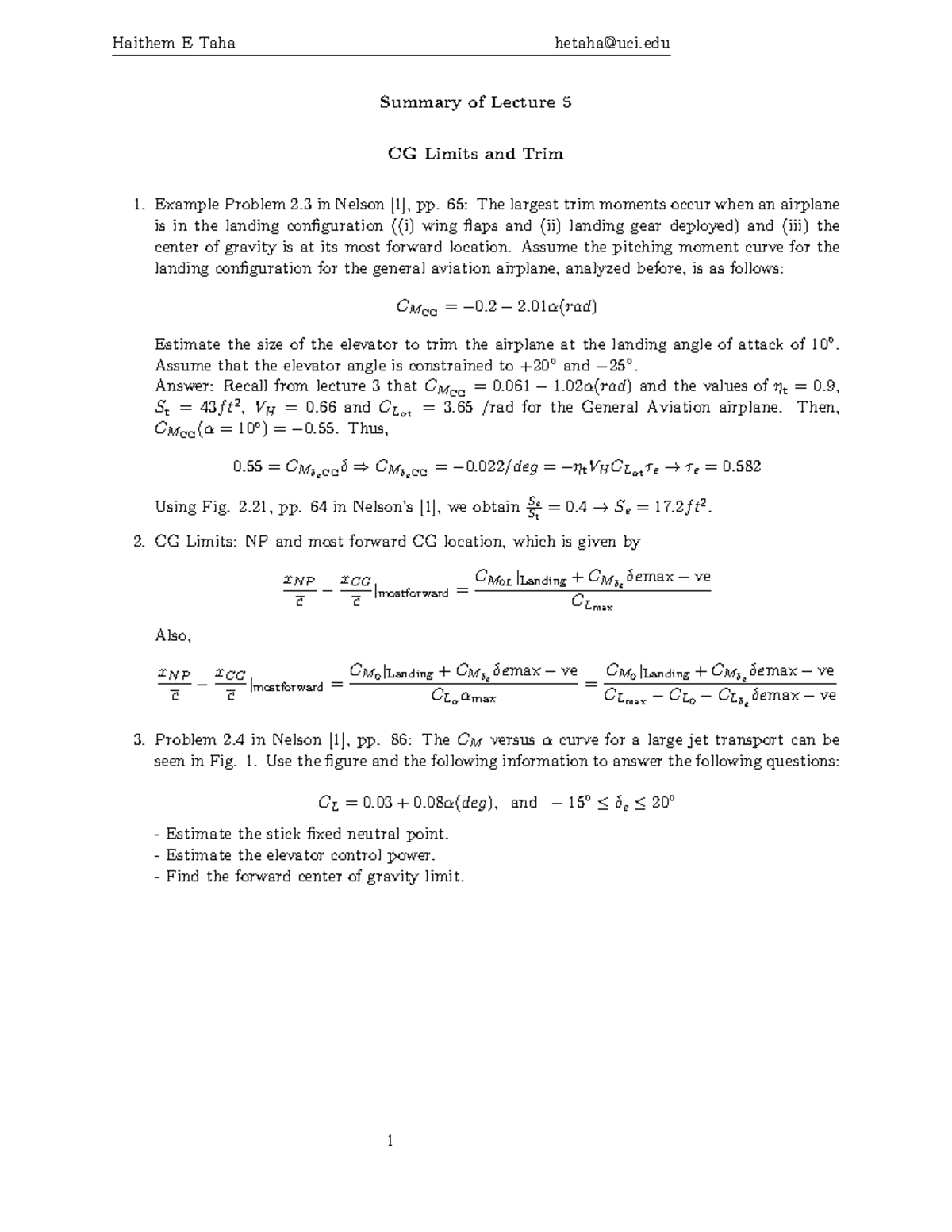 Lec5 - 5th Lecture Printed notes of MAE 175 - Haithem E Taha hetaha@uci ...