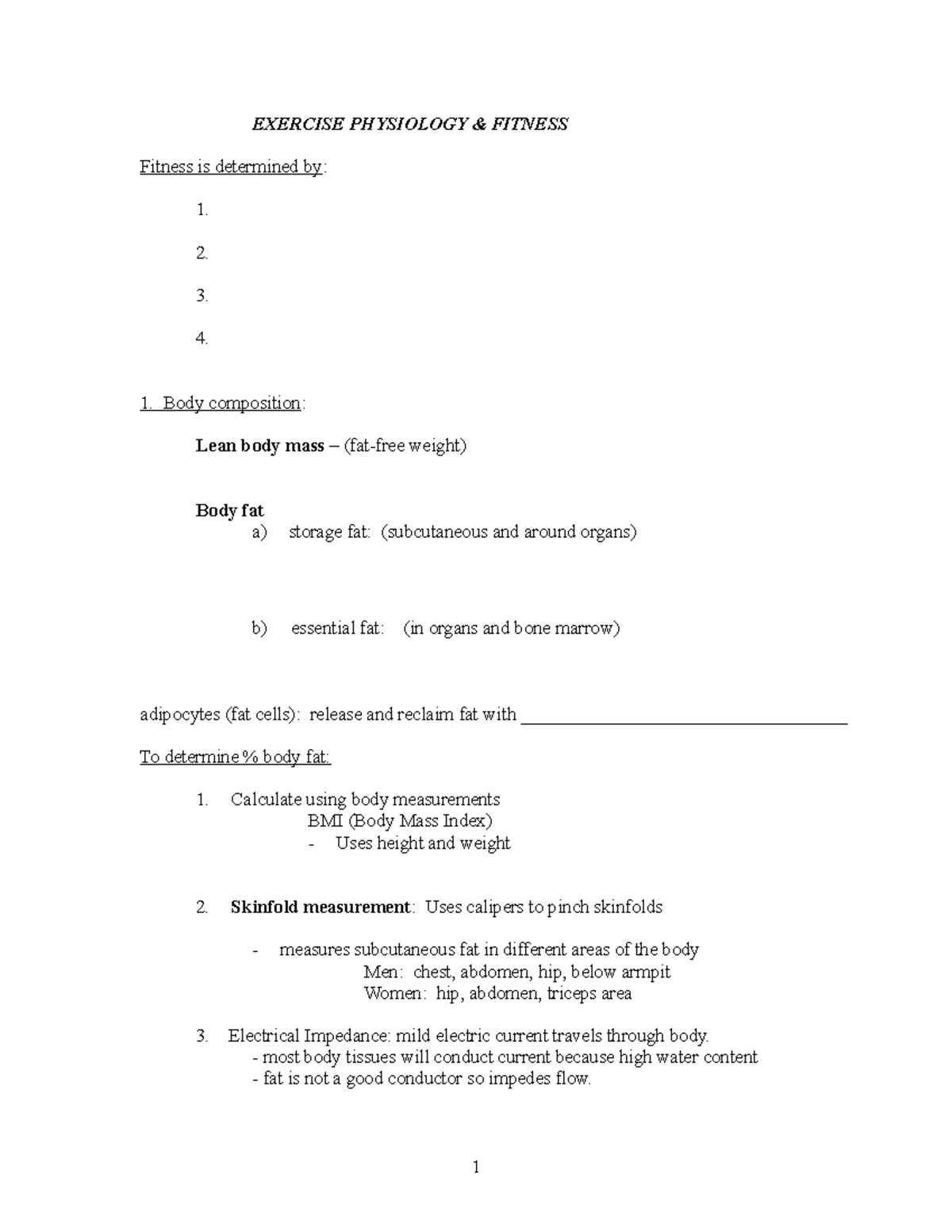 #9 - Fitness and energy - student outline - EXERCISE PHYSIOLOGY ...